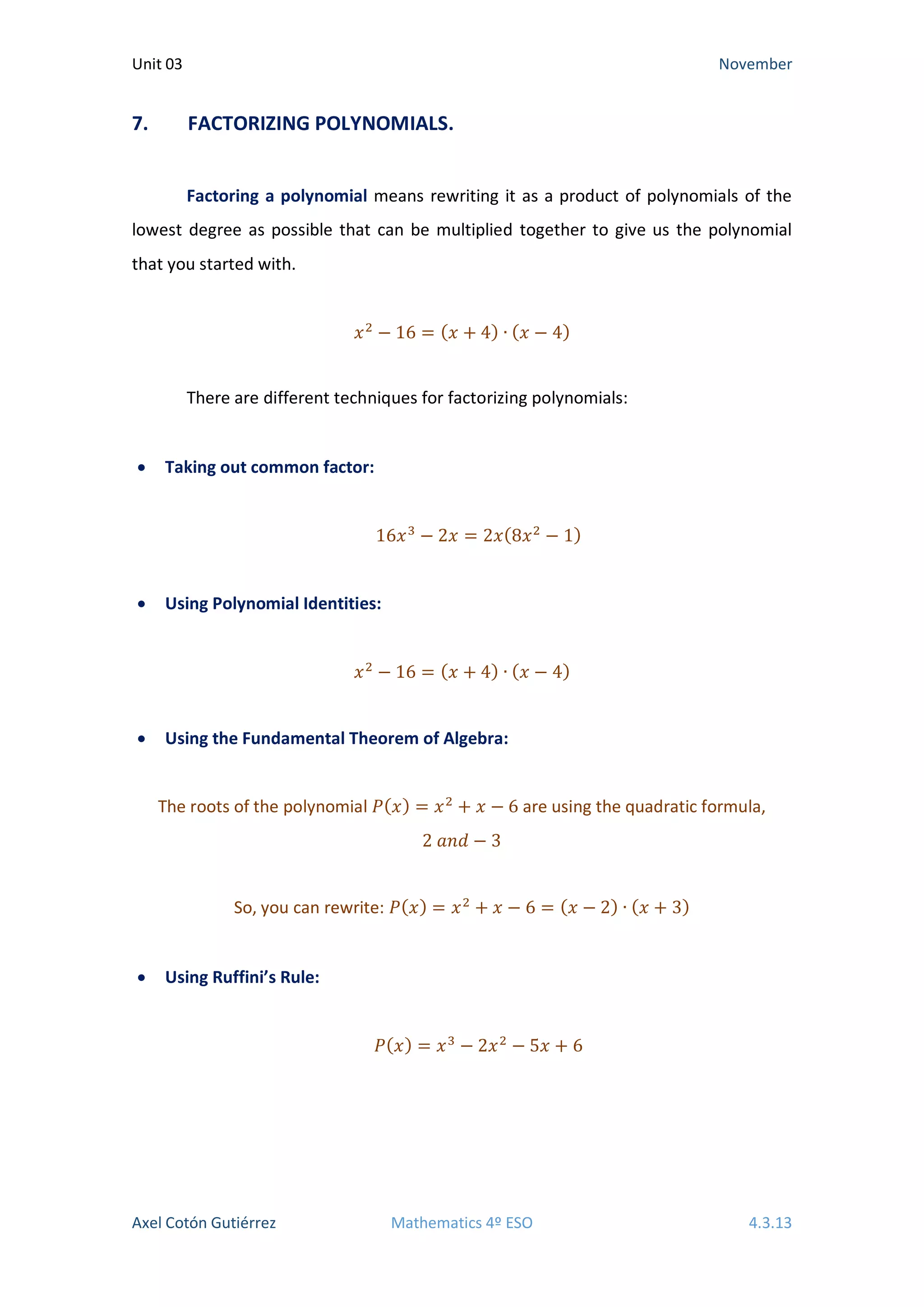 4 ESO Academics - UNIT 03 - POLYNOMIALS. ALGEBRAIC FRACTIONS | PDF