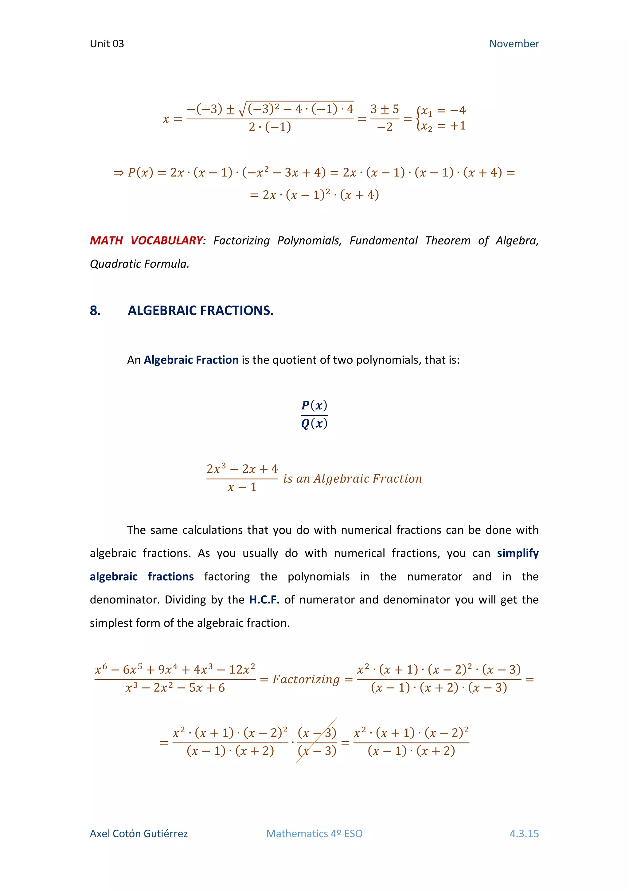 4 ESO Academics - UNIT 03 - POLYNOMIALS. ALGEBRAIC FRACTIONS | PDF
