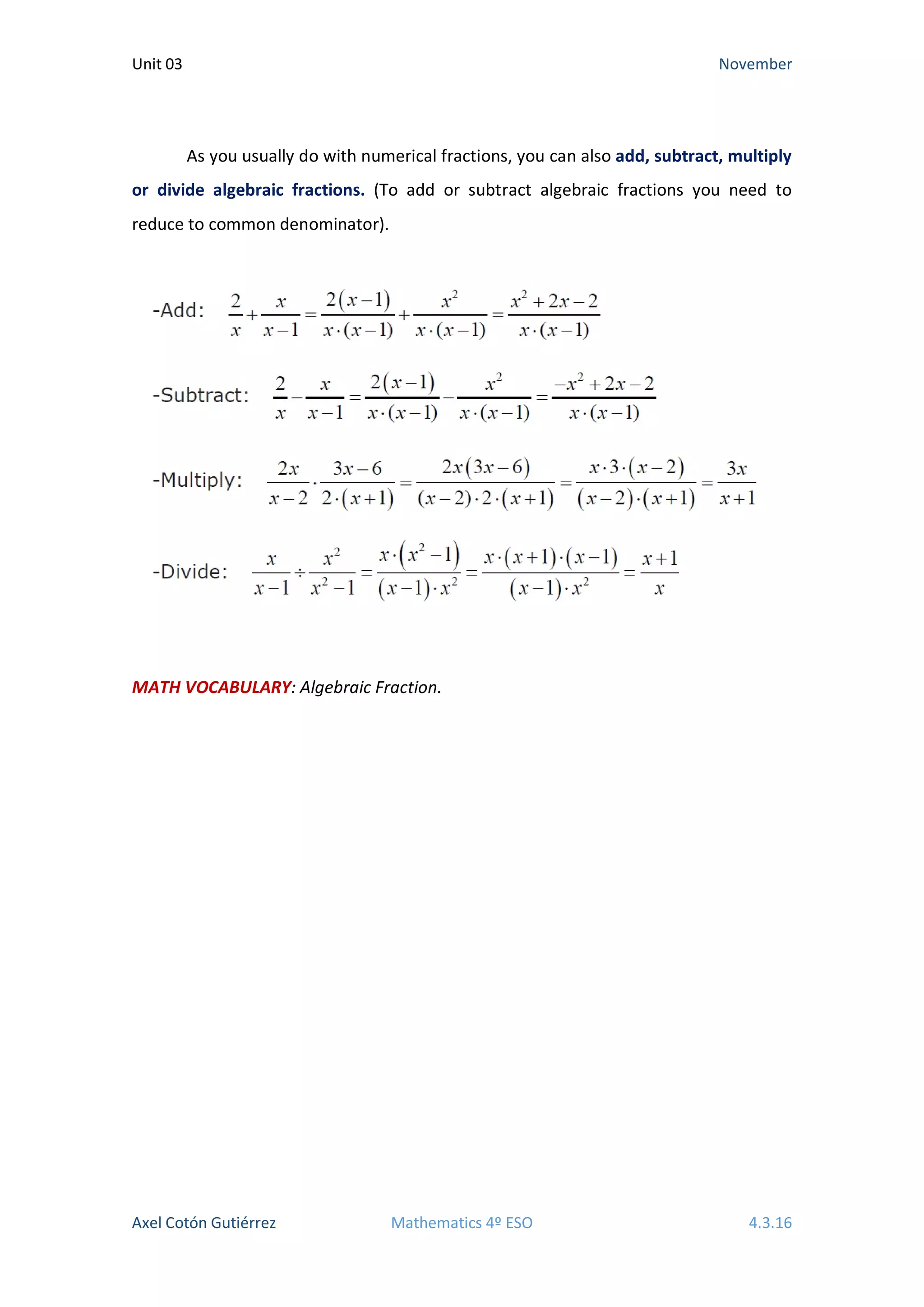 4 ESO Academics - UNIT 03 - POLYNOMIALS. ALGEBRAIC FRACTIONS | PDF