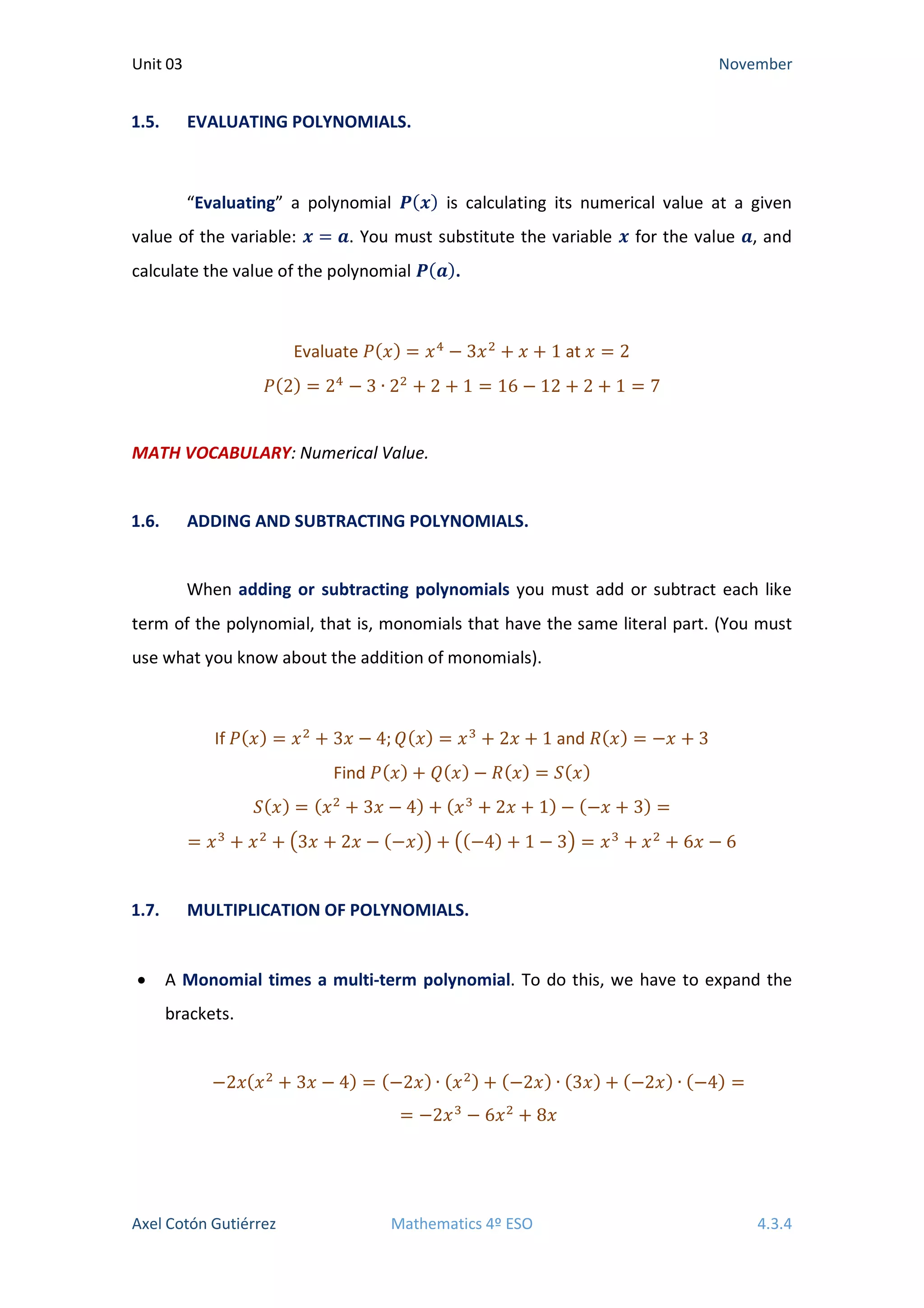4 ESO Academics - UNIT 03 - POLYNOMIALS. ALGEBRAIC FRACTIONS | PDF