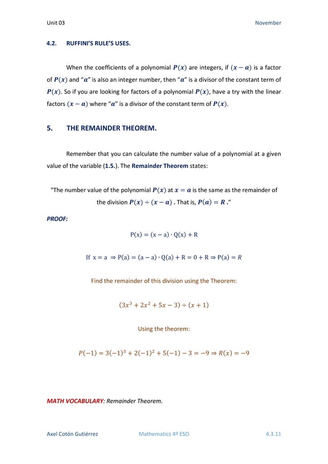 4 ESO Academics - UNIT 03 - POLYNOMIALS. ALGEBRAIC FRACTIONS | PDF