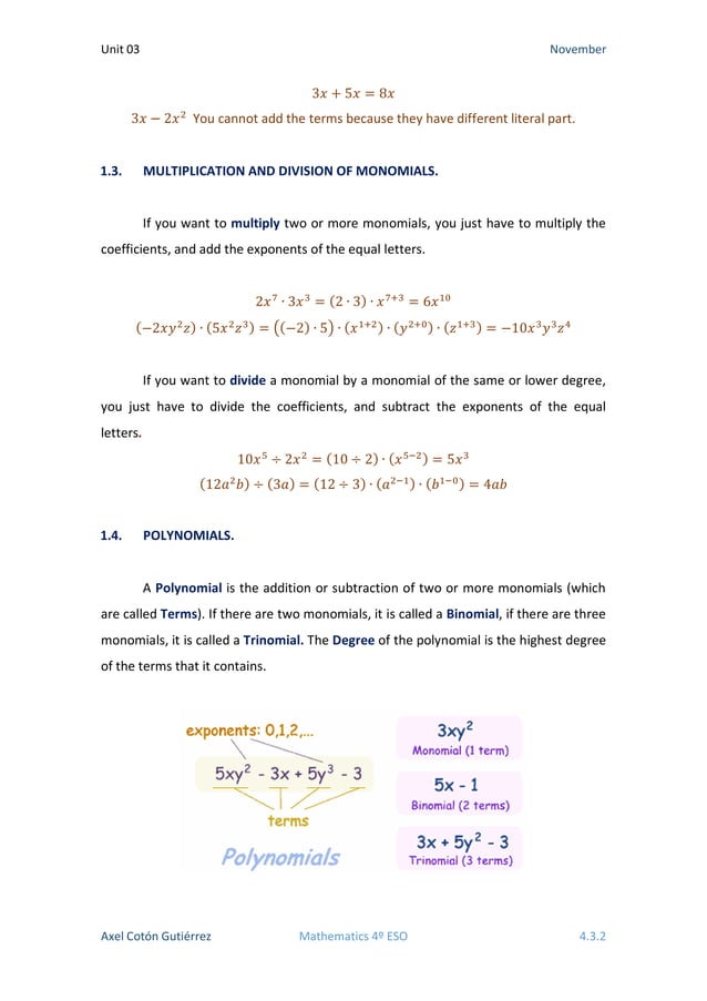 4 ESO Academics - UNIT 03 - POLYNOMIALS. ALGEBRAIC FRACTIONS | PDF