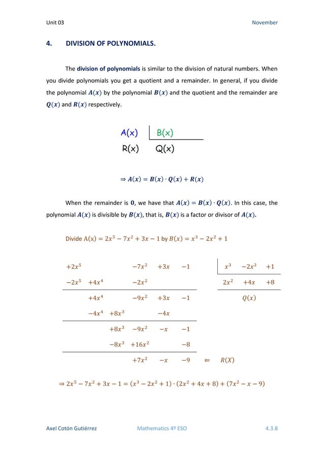 4 ESO Academics - UNIT 03 - POLYNOMIALS. ALGEBRAIC FRACTIONS | PDF