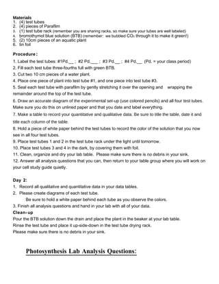 Unit 03 Photosynthesis Lab Non Inquiry Version General Biology | DOC