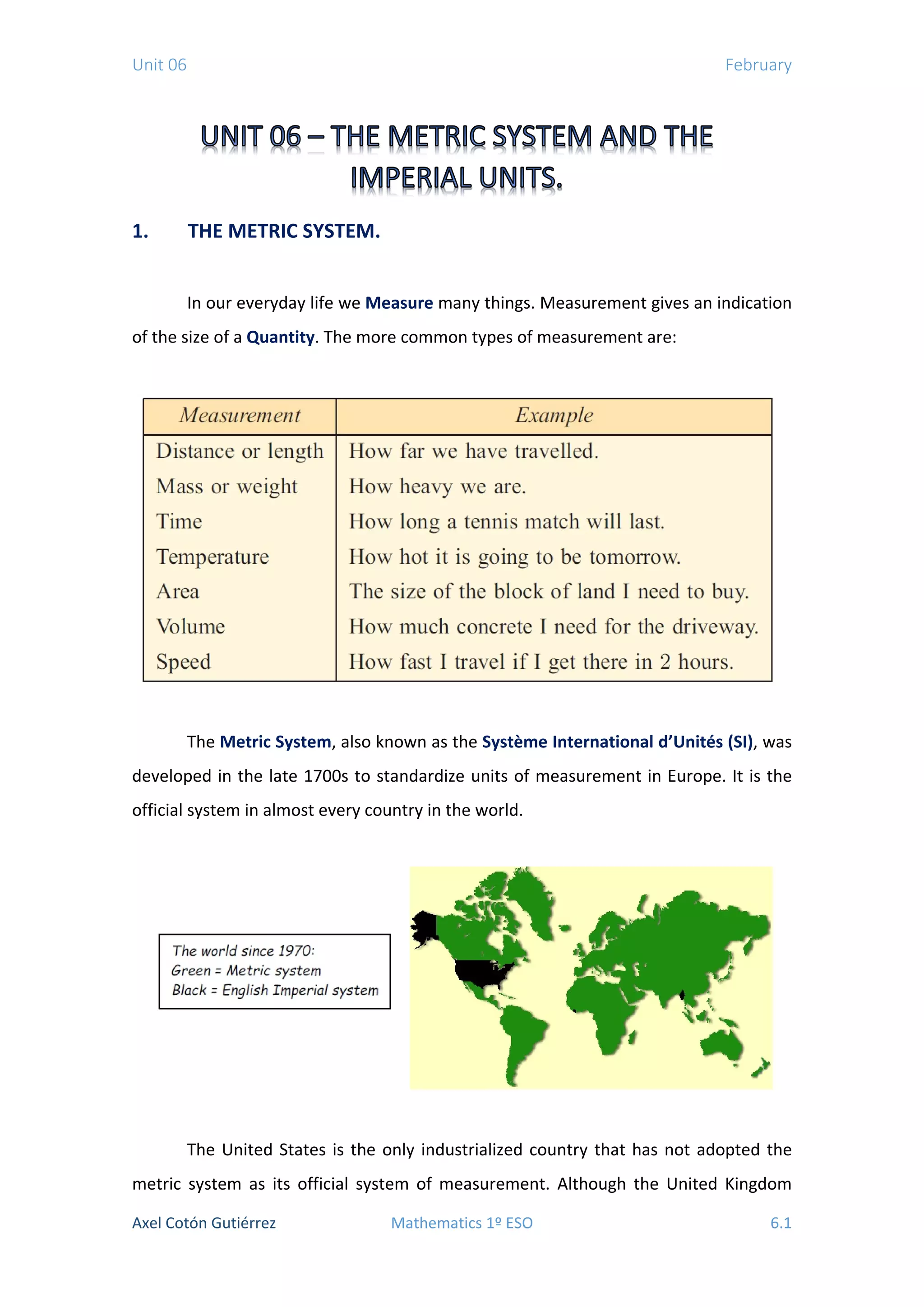 1 ESO - UNIT 06 - THE METRIC SYSTEM AND THE IMPERIAL UNITS | PDF