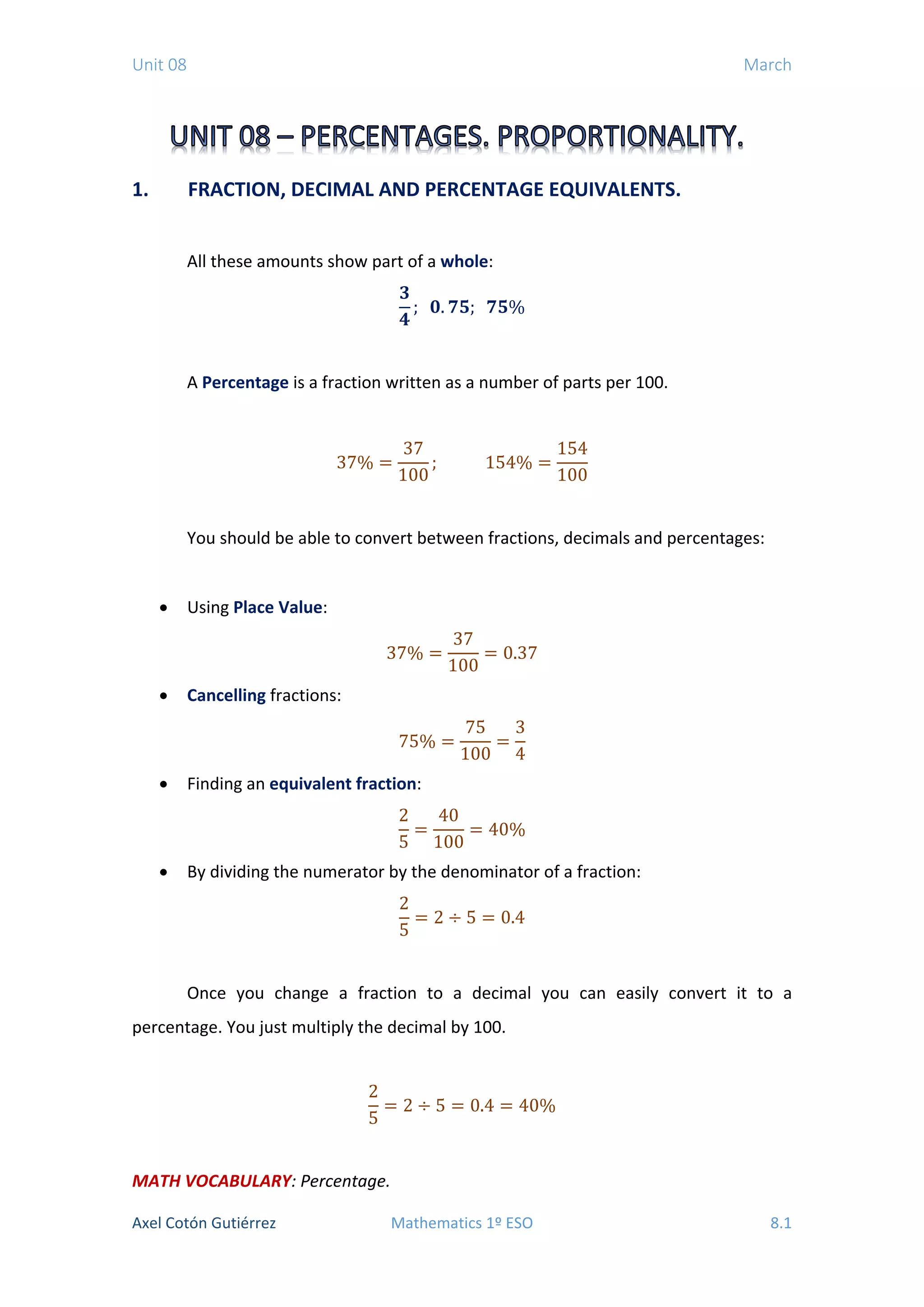 1 ESO - UNIT 08 - PERCENTAGES. PROPORTIONALITY. | PDF
