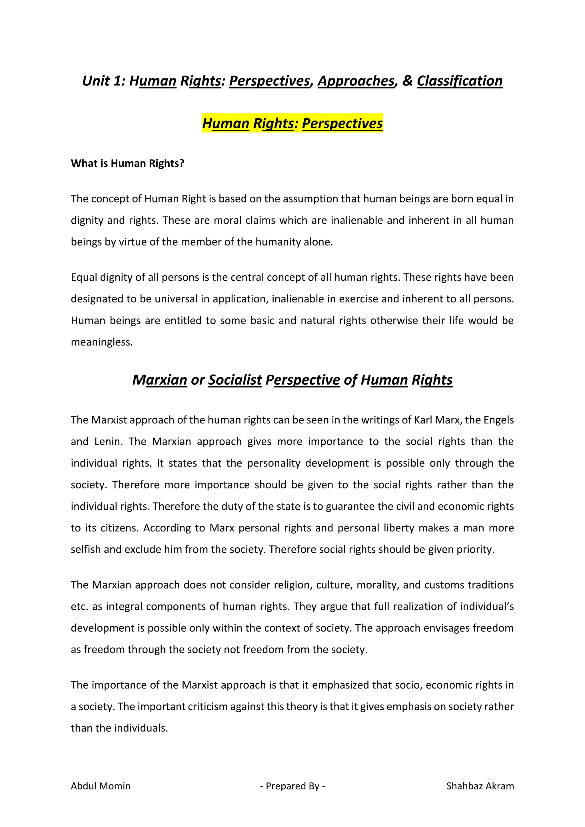 Human Rights: perspective, approaches and classification | PDF