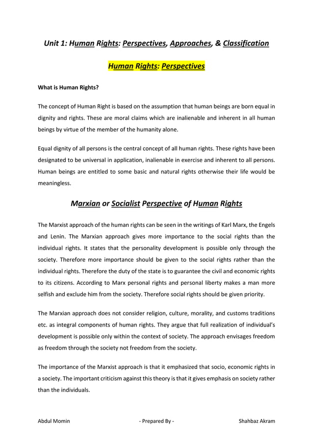 Human Rights: perspective, approaches and classification | PDF | Politics