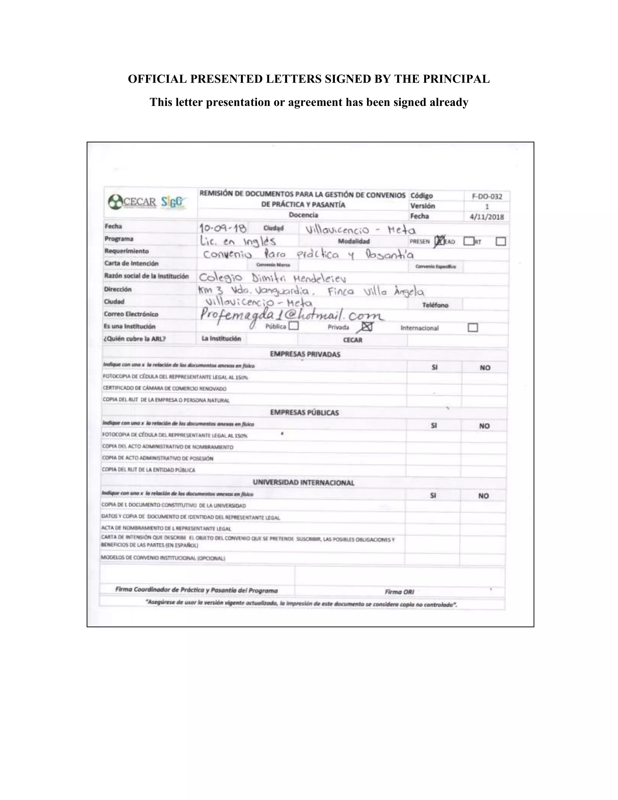 Official presented letters signed by the principal | PDF
