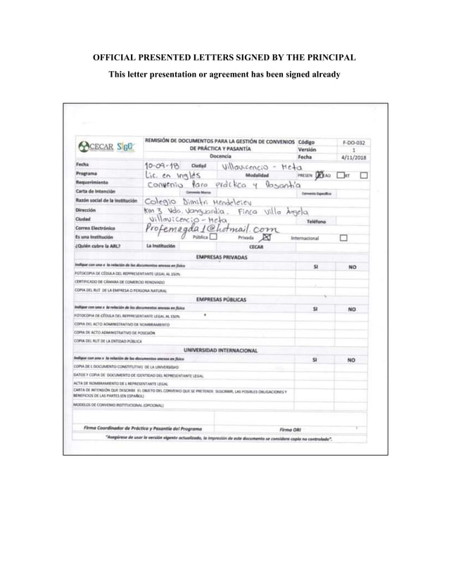 Official presented letters signed by the principal | PDF