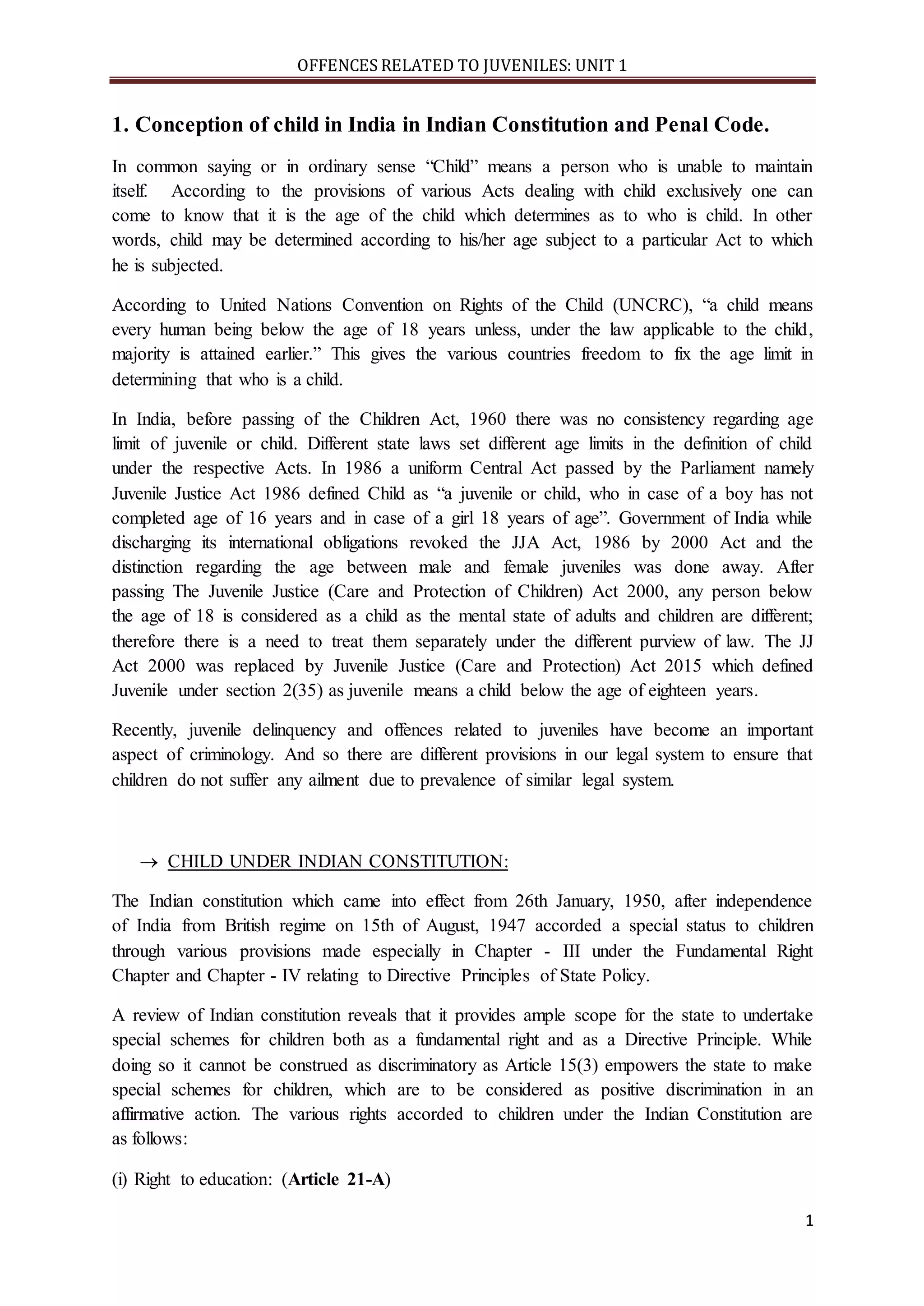 Concept of child under Indian Constitution and Indian Penal Code | DOCX