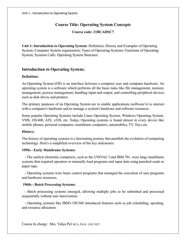Introduction to Operating system for BCA syllabus | PDF