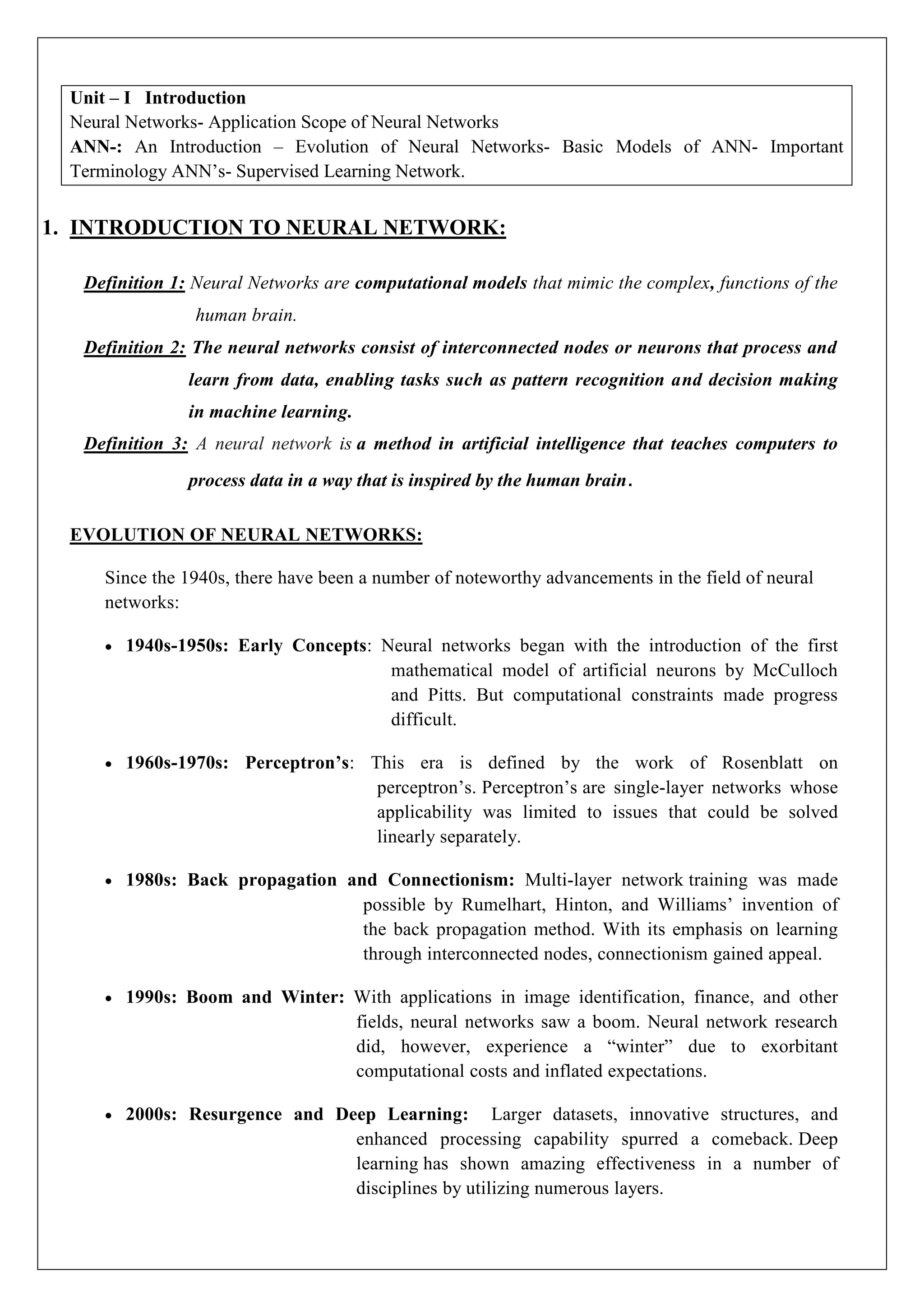 Ccs355 Neural Networks And Deep Learning Unit 1 Pdf Notes With Question