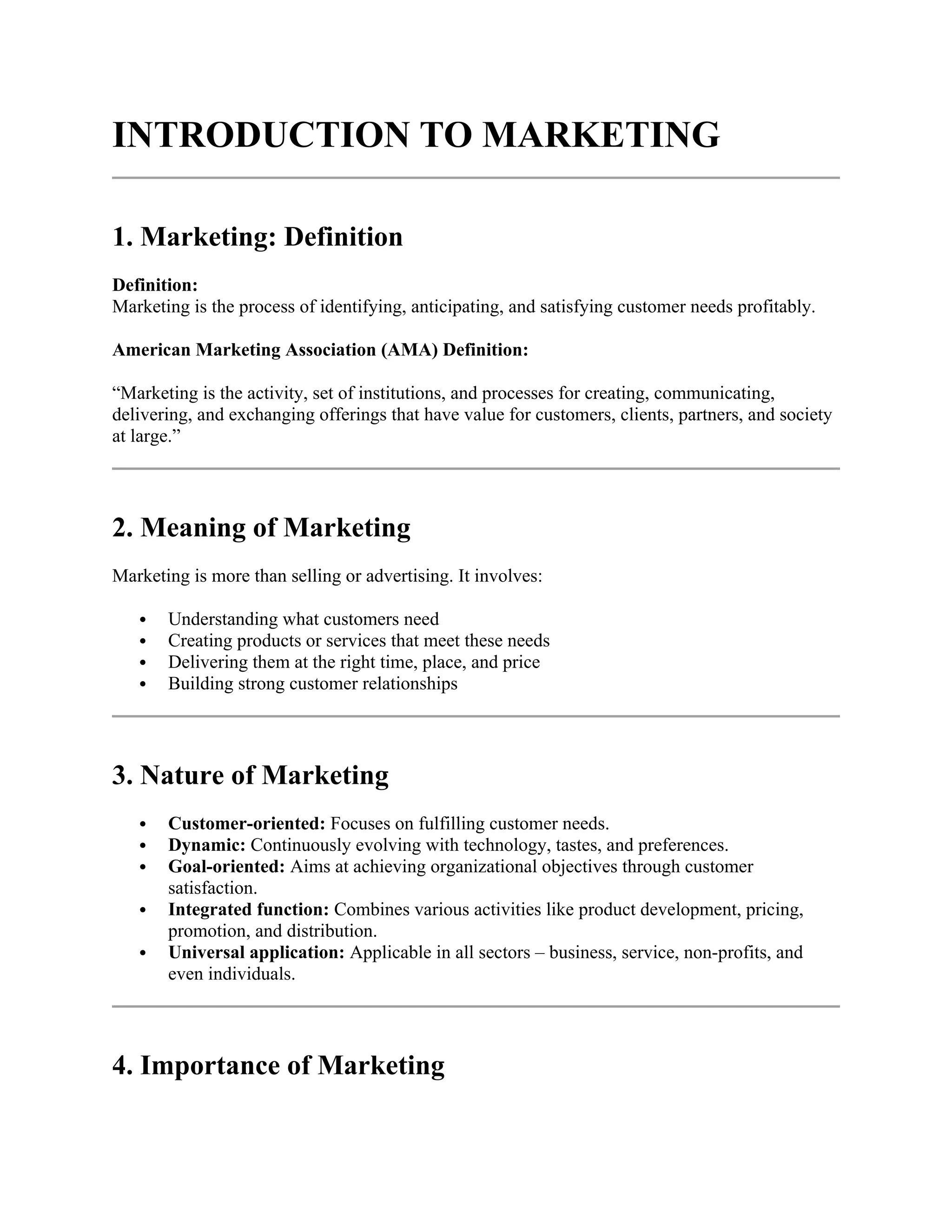 INTRODUCTION TO MARKETING - Nature and importance | DOCX