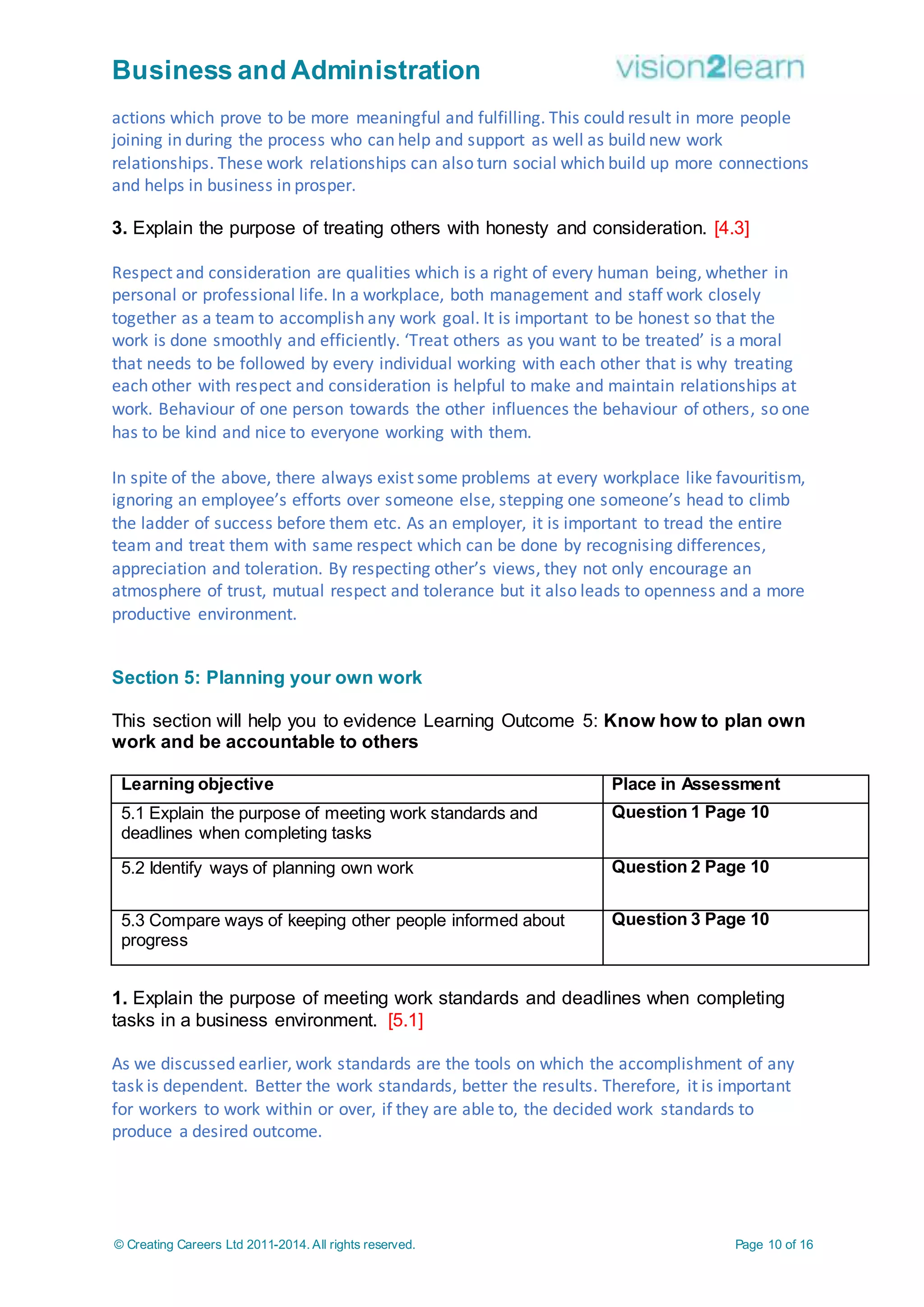 Business and Admin Level 2 Unit 1 assessment answers | DOCX