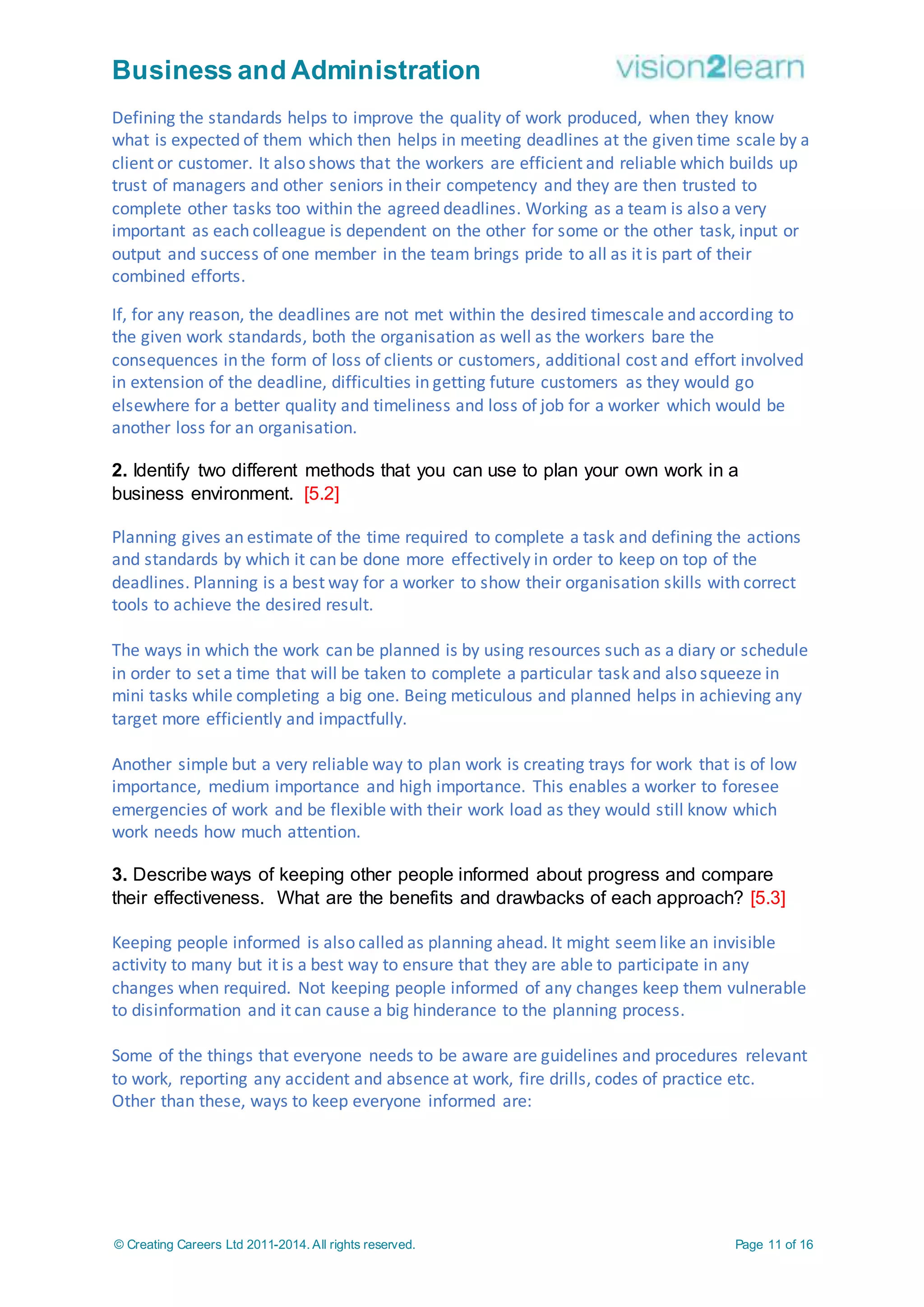 Business and Admin Level 2 Unit 1 assessment answers | DOCX