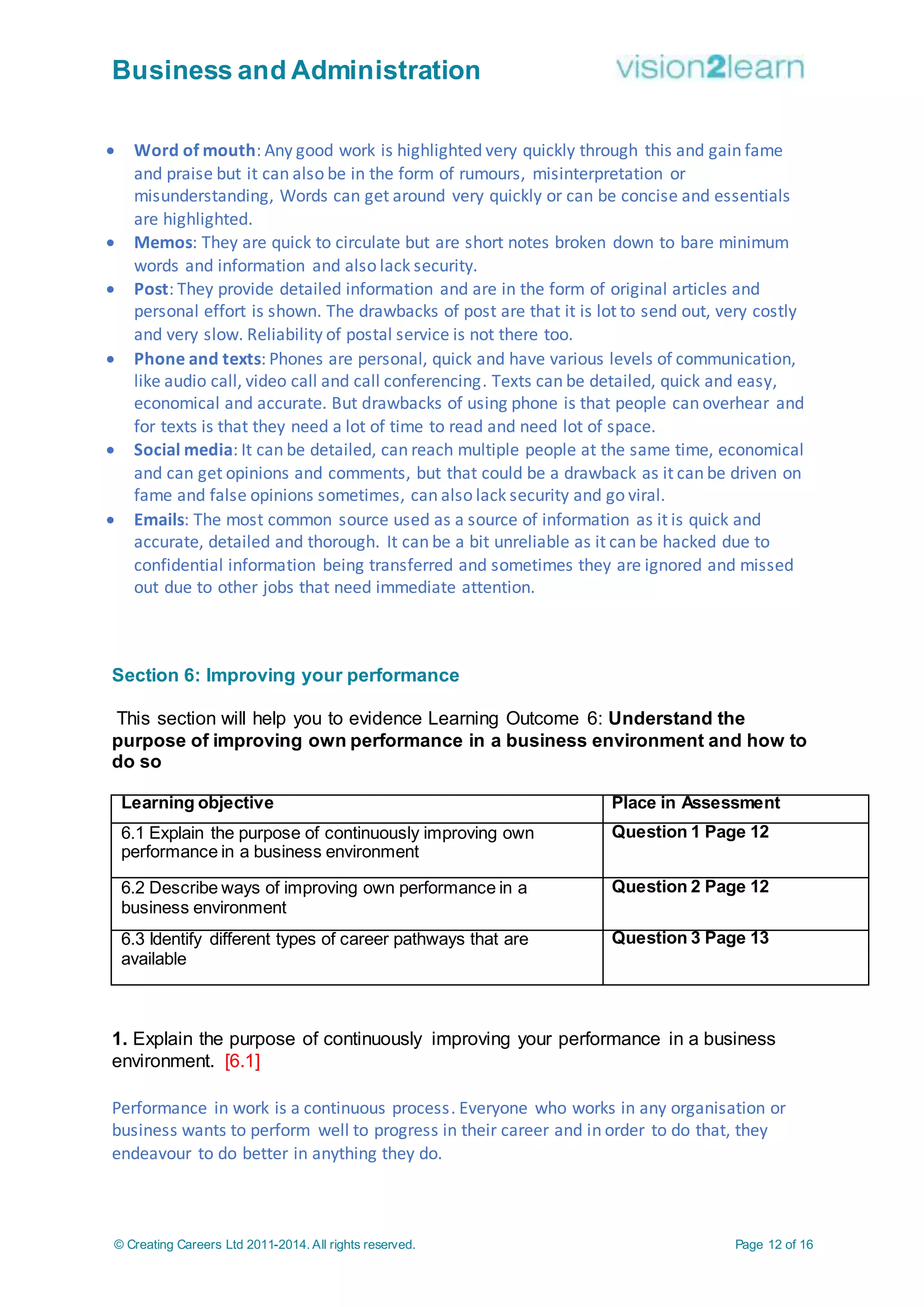 Business and Admin Level 2 Unit 1 assessment answers | DOCX