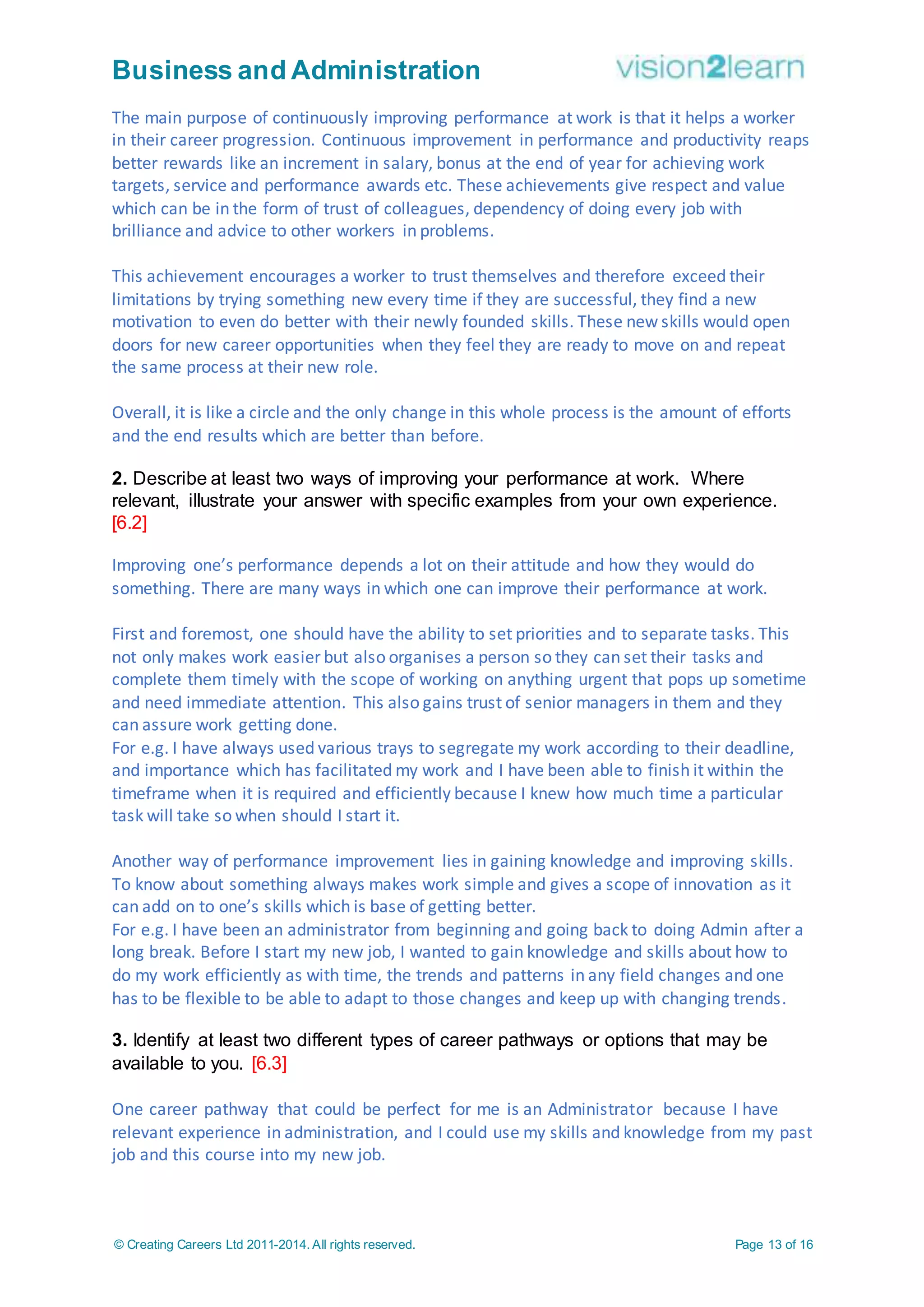 Business and Admin Level 2 Unit 1 assessment answers | DOCX