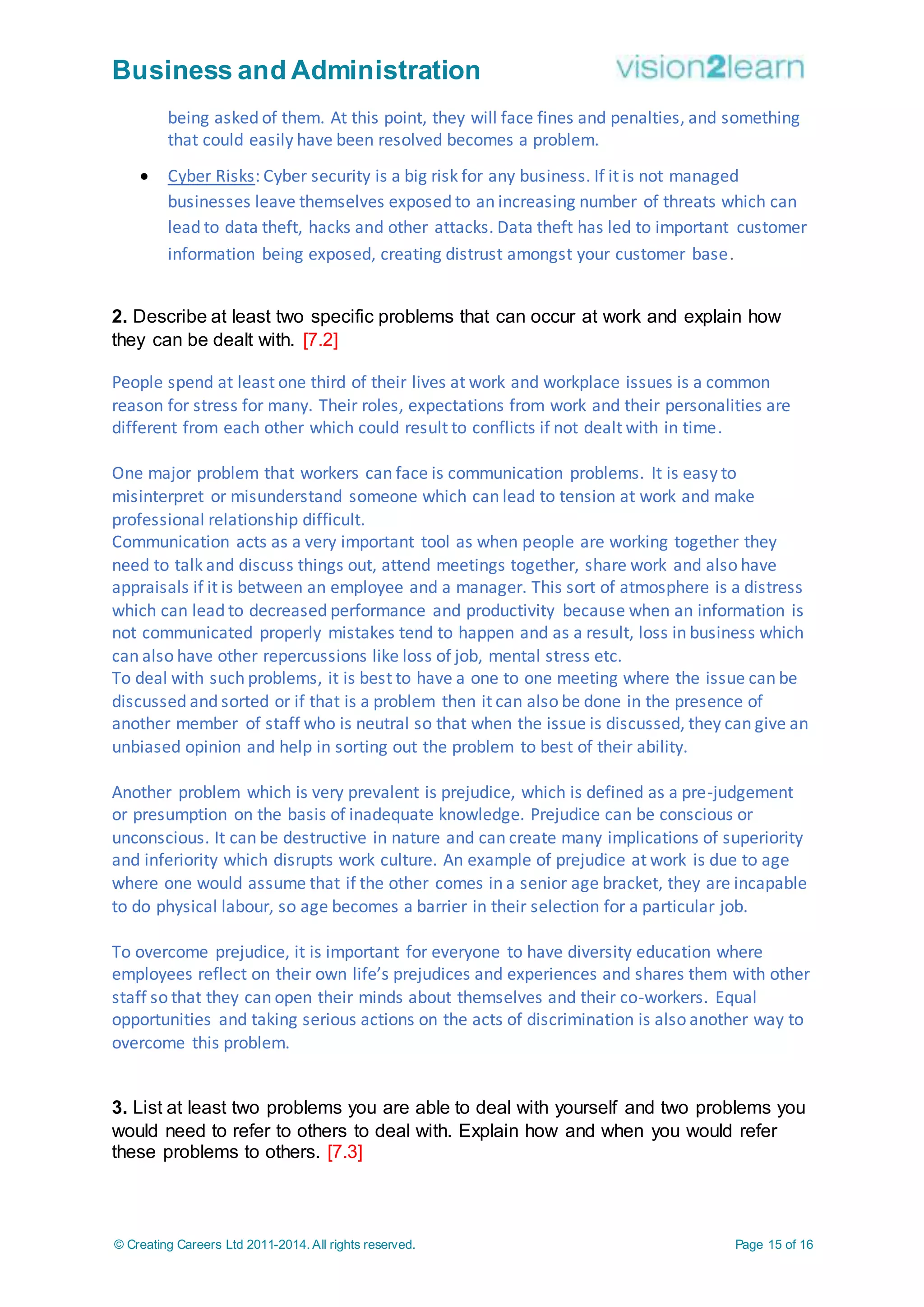 Business and Admin Level 2 Unit 1 assessment answers | DOCX