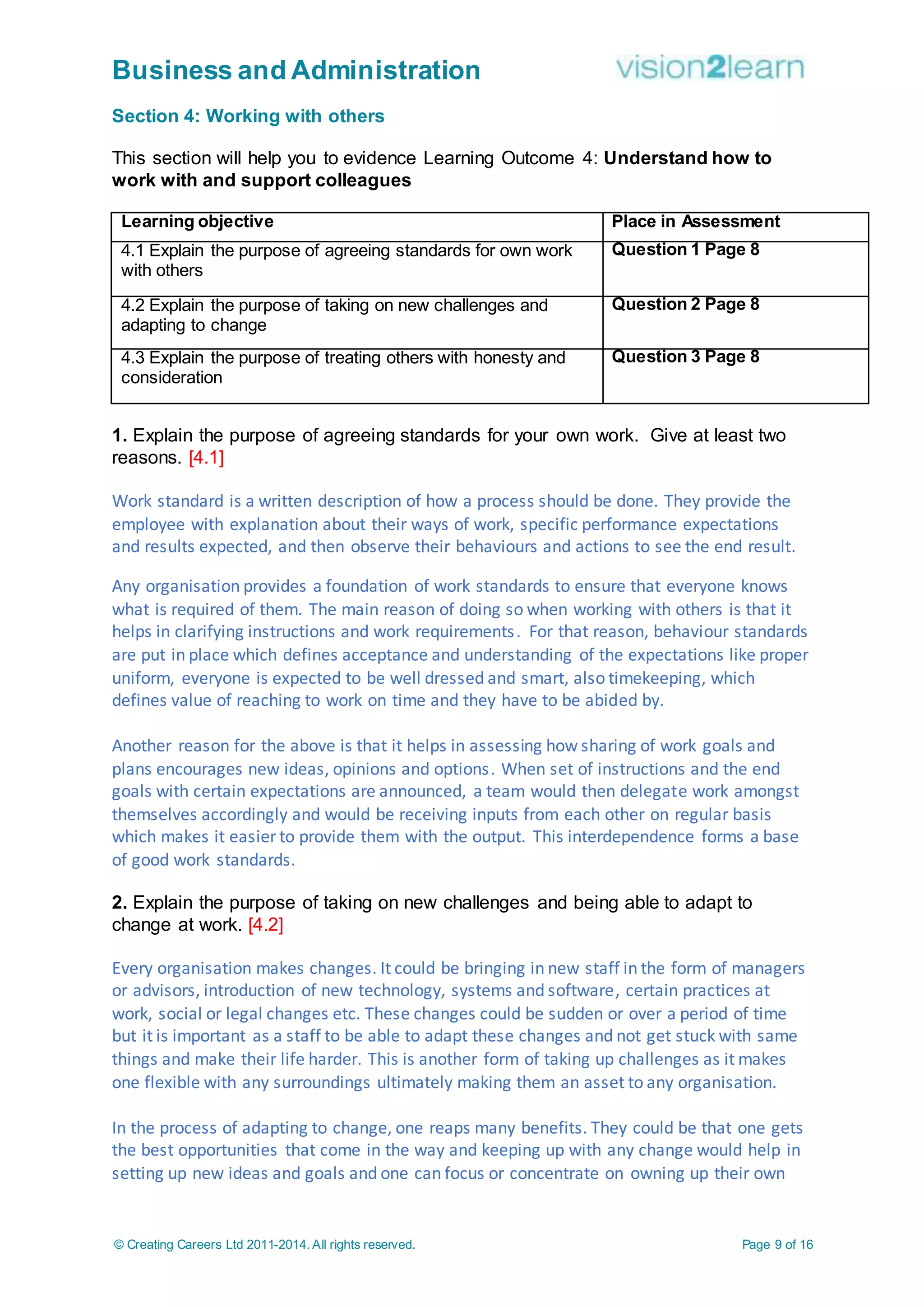 Business and Admin Level 2 Unit 1 assessment answers | DOCX