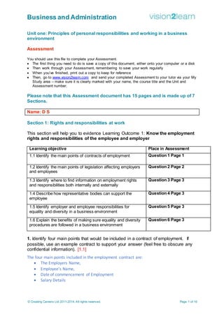 Business and Admin Level 2 Unit 1 assessment answers | DOCX