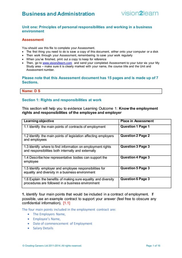 Business and Admin Level 2 Unit 1 assessment answers | DOCX