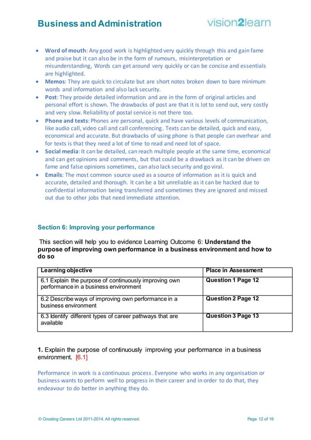 Business and Admin Level 2 Unit 1 assessment answers | DOCX