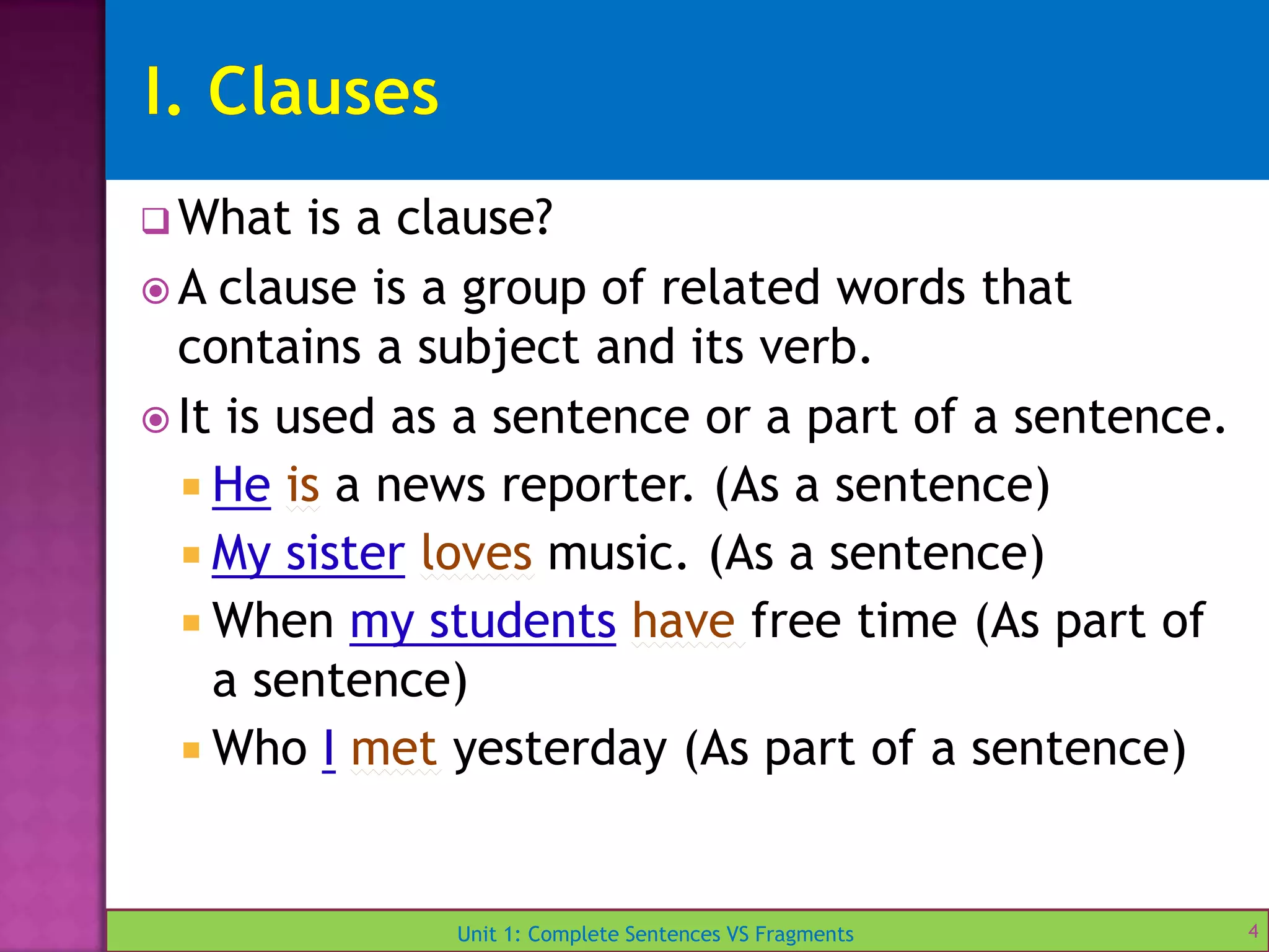 Unit 1 complete sentences vs fragments | PPT