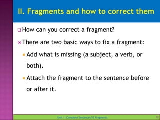 Unit 1 complete sentences vs fragments | PPT