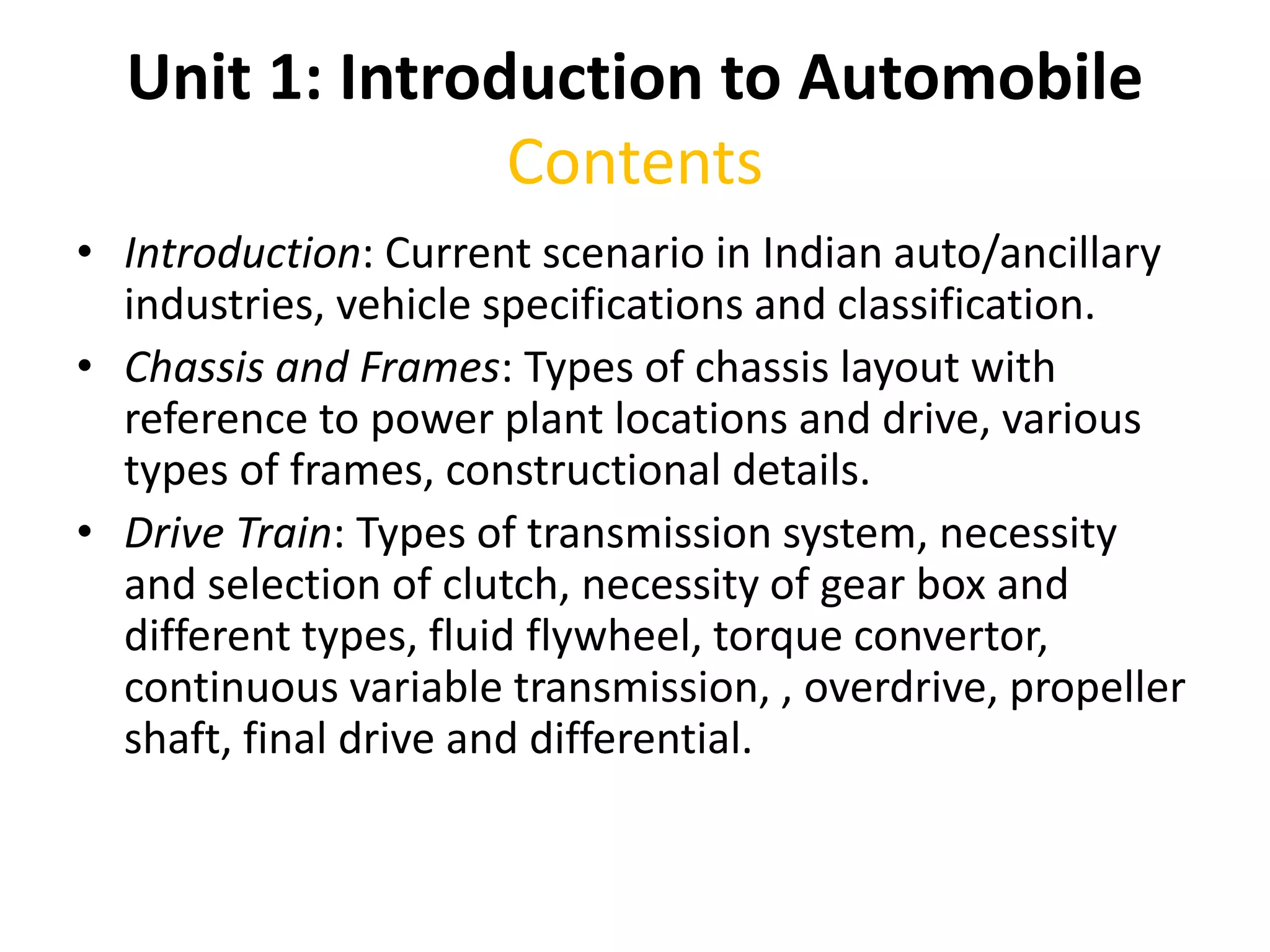 Unit 1 Introduction to automobile and drive train | PDF