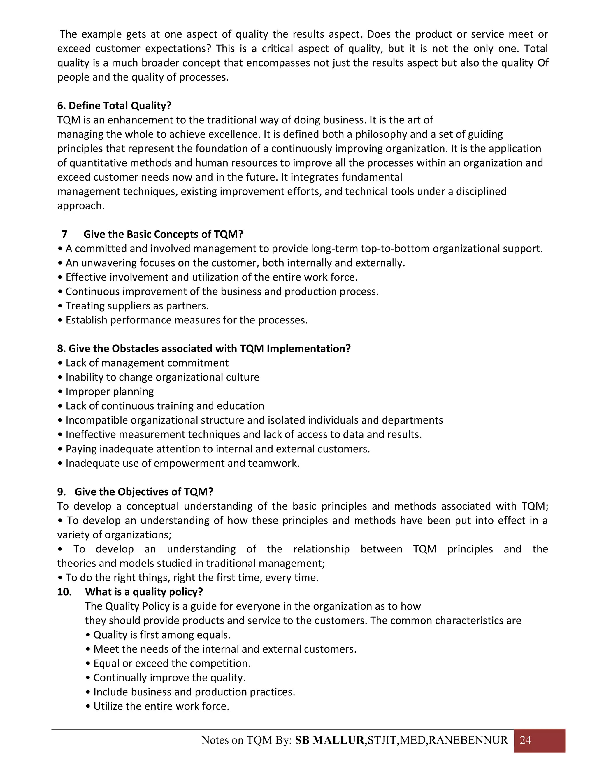 Unit 1. quality, total quality, tqm | PDF