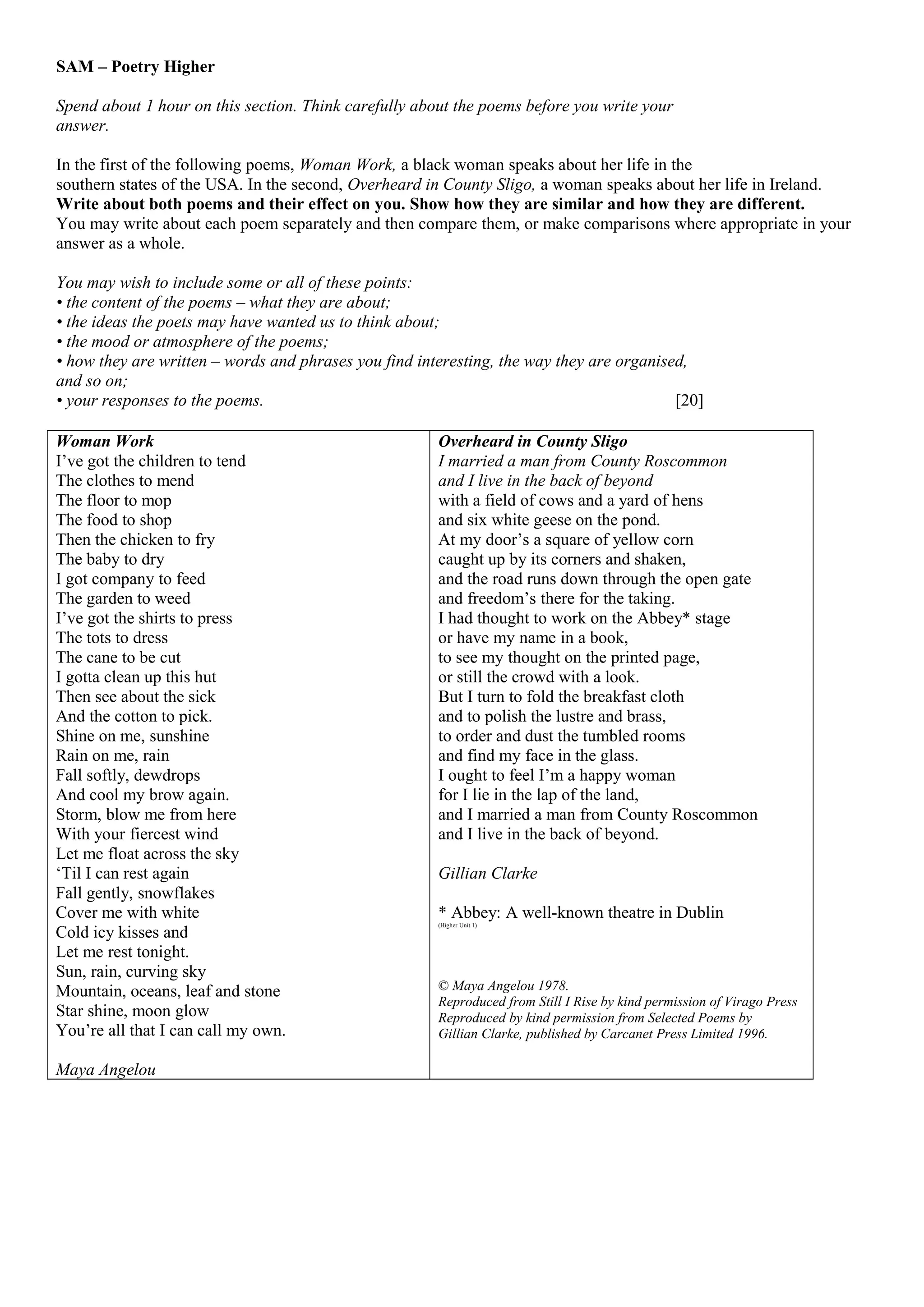 Unit 1 WJEC unseen poetry higher - past questions | DOC