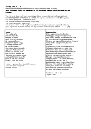 Unit 1 WJEC unseen poetry higher - past questions | DOC