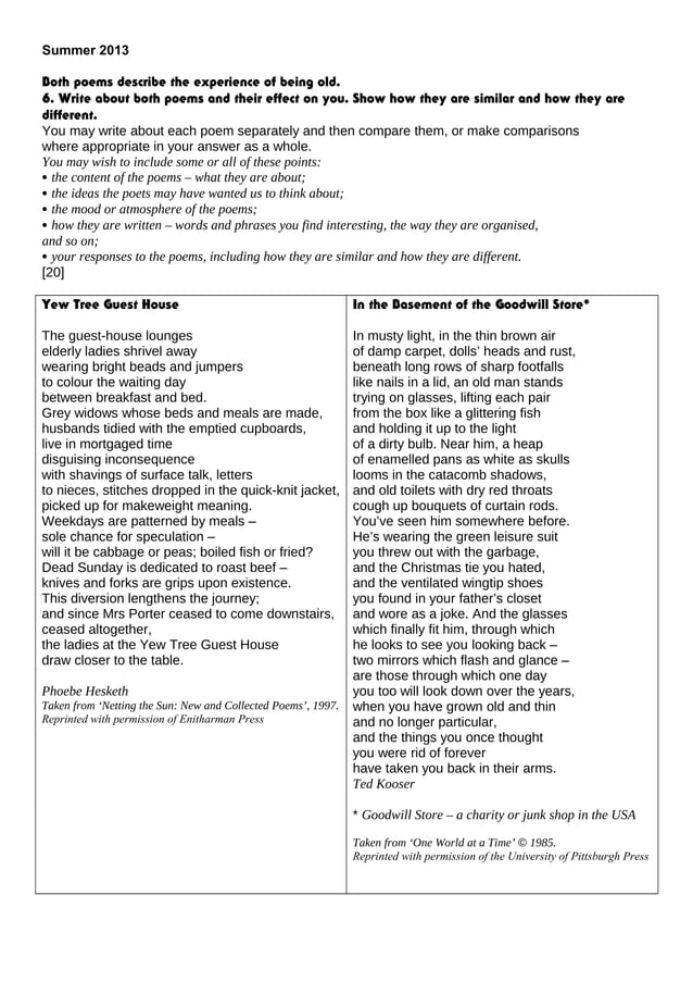 Unit 1 WJEC unseen poetry higher - past questions | DOC