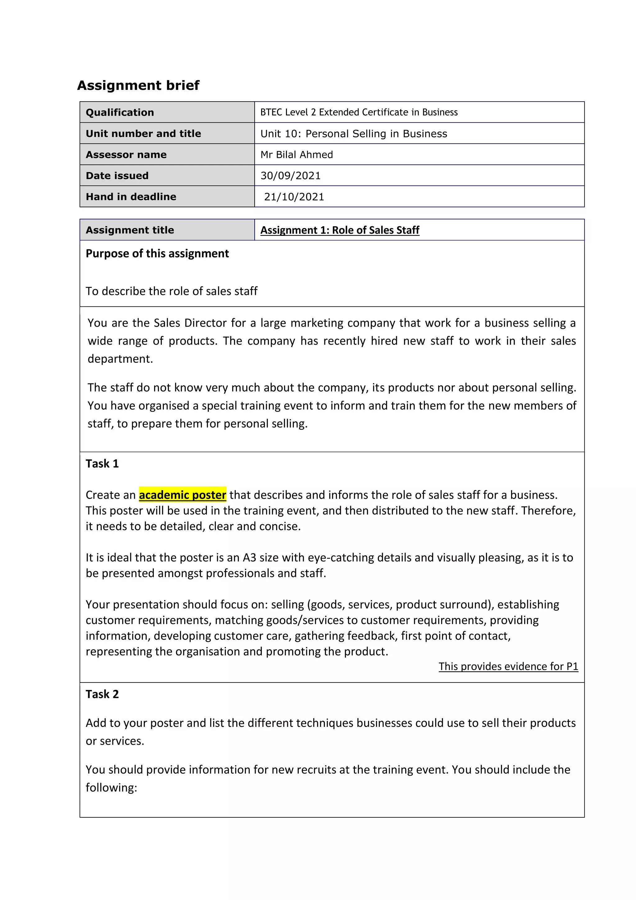 Unit 10 assignment 1 brief | PDF