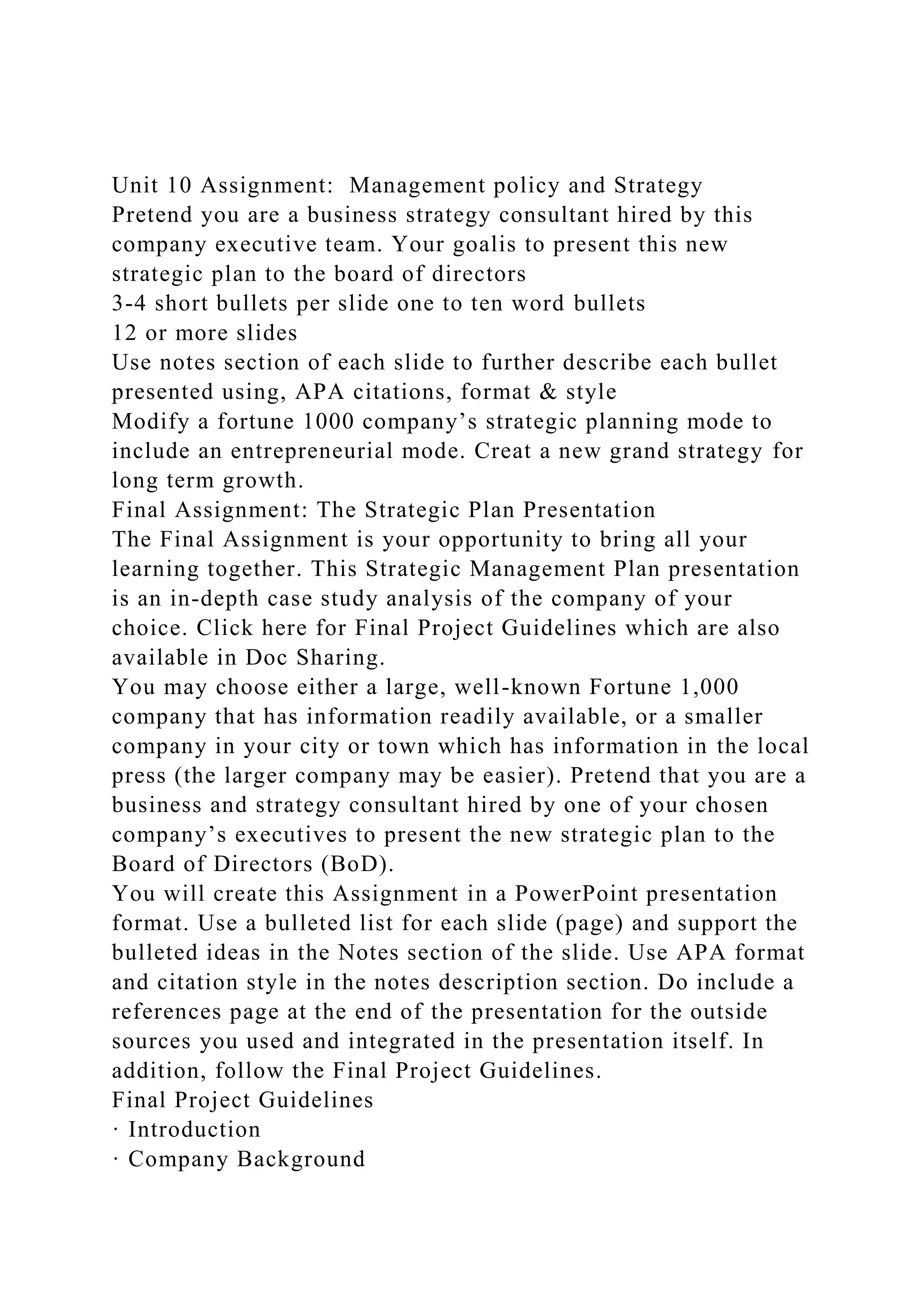 Unit 10 Assignment Management policy and StrategyPretend you a.docx