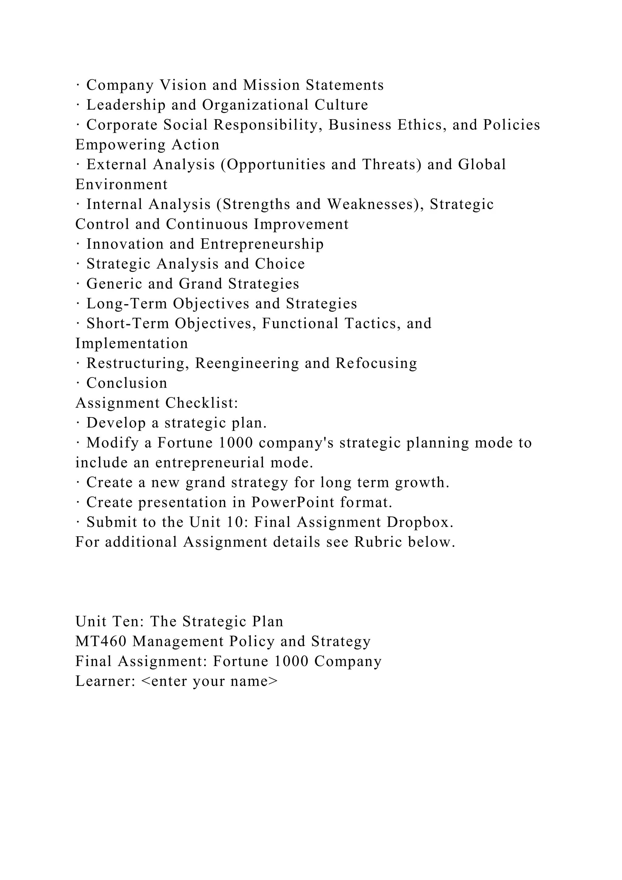 Unit 10 Assignment Management policy and StrategyPretend you a.docx