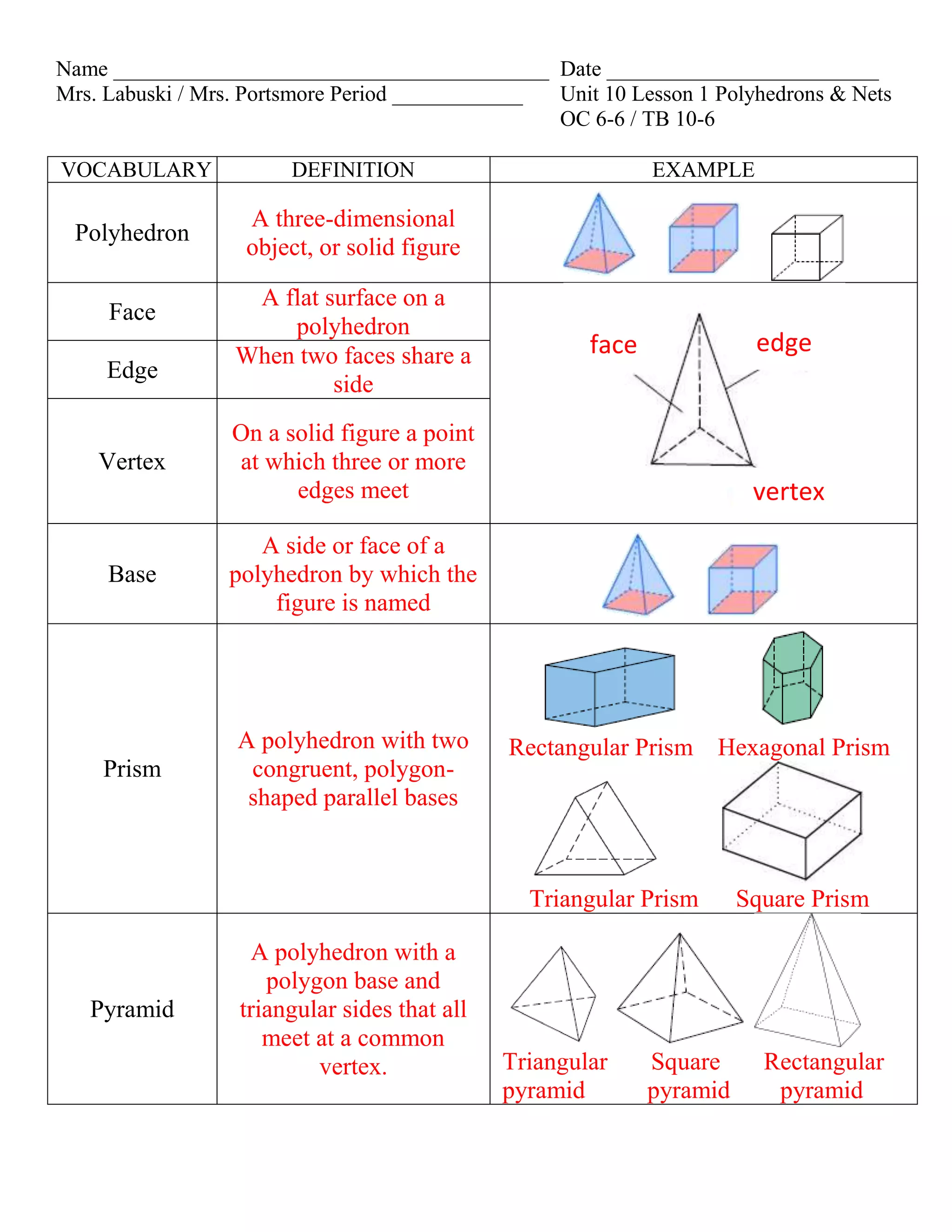 Unit 10 lesson 1 polyhedrons & nets | DOCX