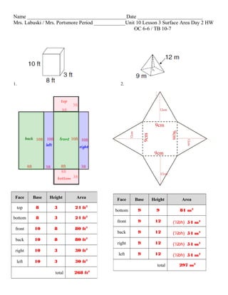 Unit 10 lesson 3 surface area day 2 hw | DOC