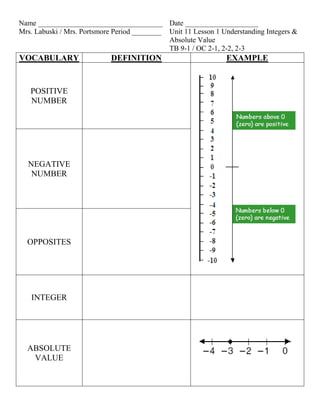 Unit 11 lesson 1 understanding integers & absolute value | DOCX