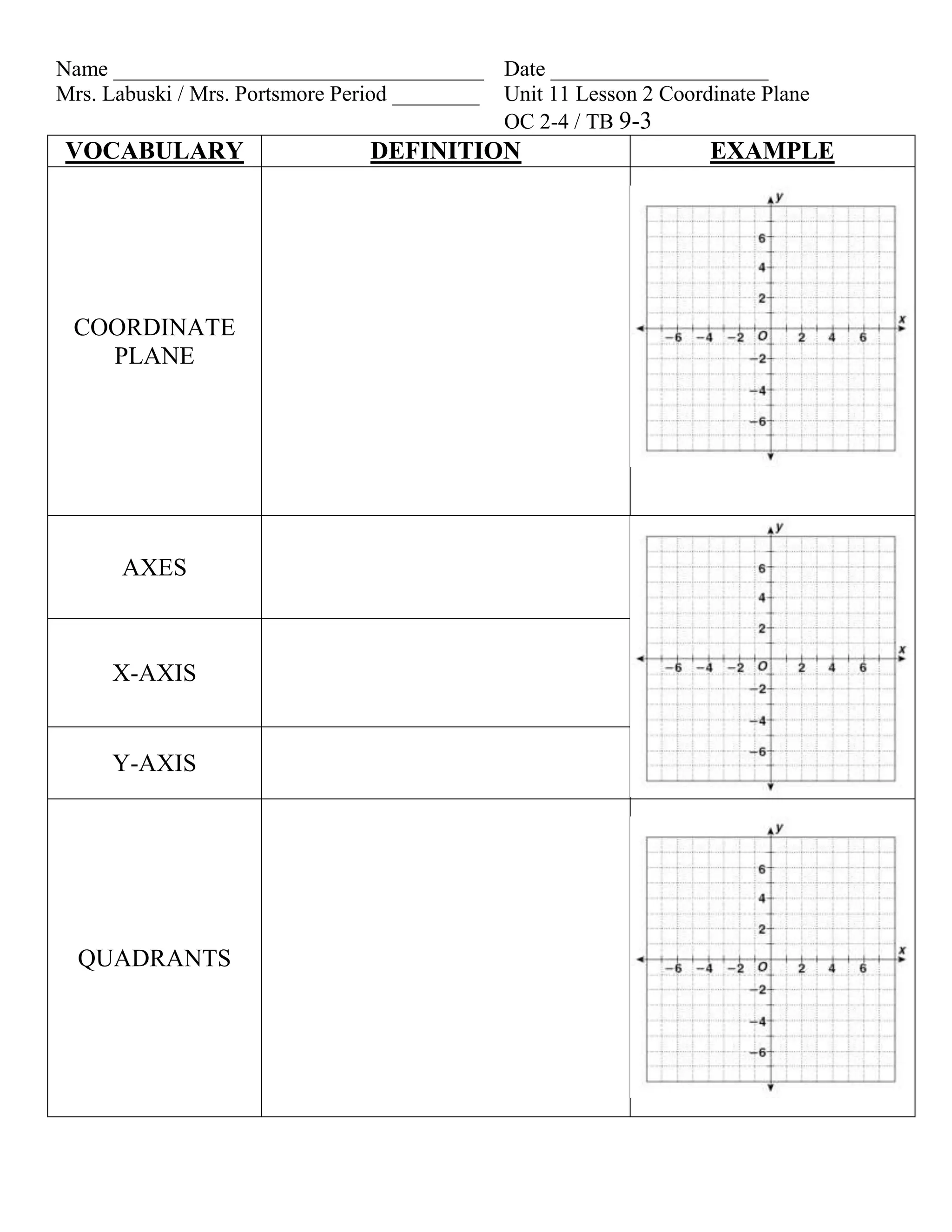 Unit 11 lesson 2 cooridnate plane | DOCX