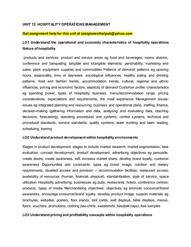 UNIT 12: HOSPITALITY OPERATIONS MANAGEMENT | DOCX | Hospitality ...