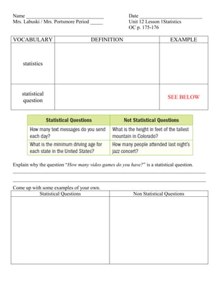 Unit 12 lesson 1 2 statistics dot plots | DOCX