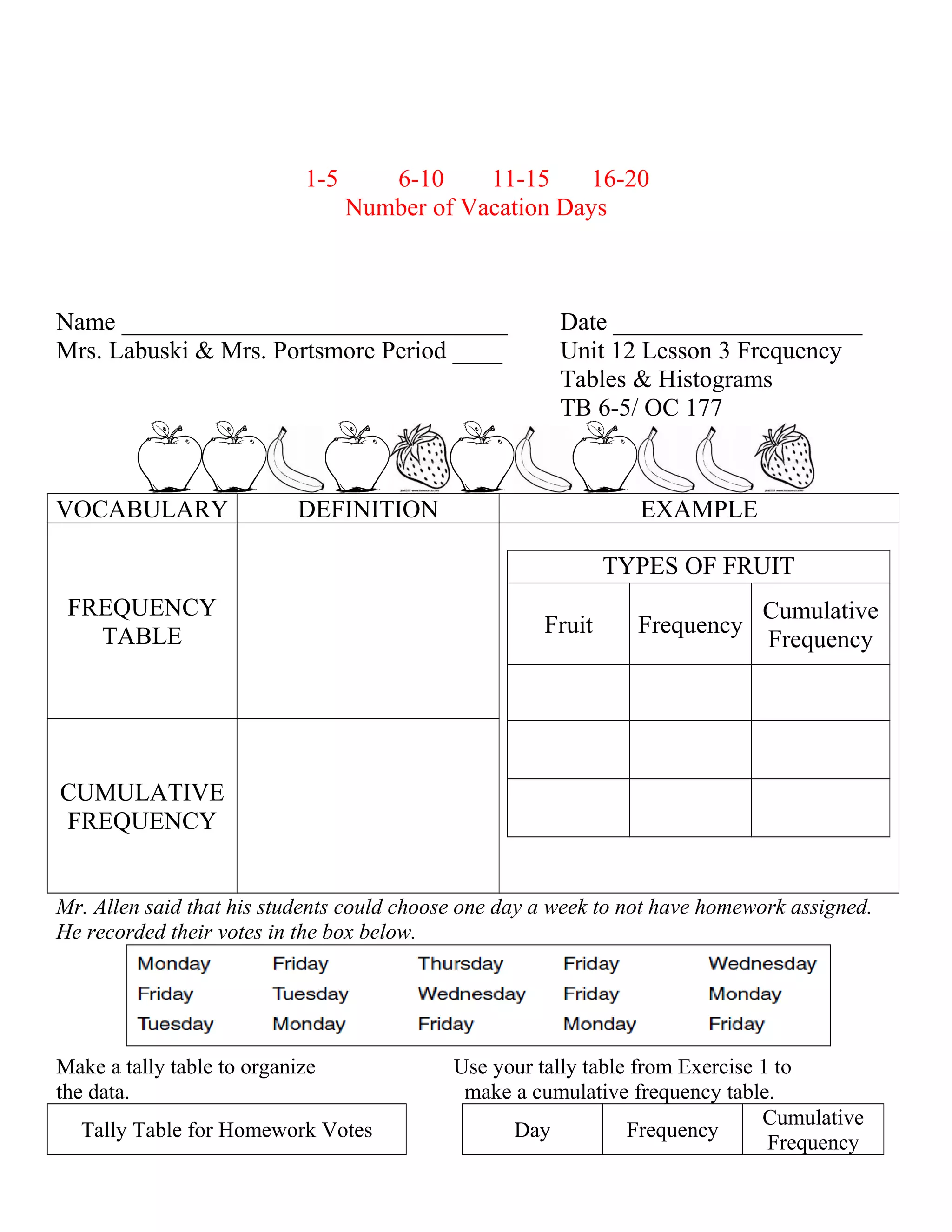 Unit 12 lesson 3 frequency tables & histograms | DOC