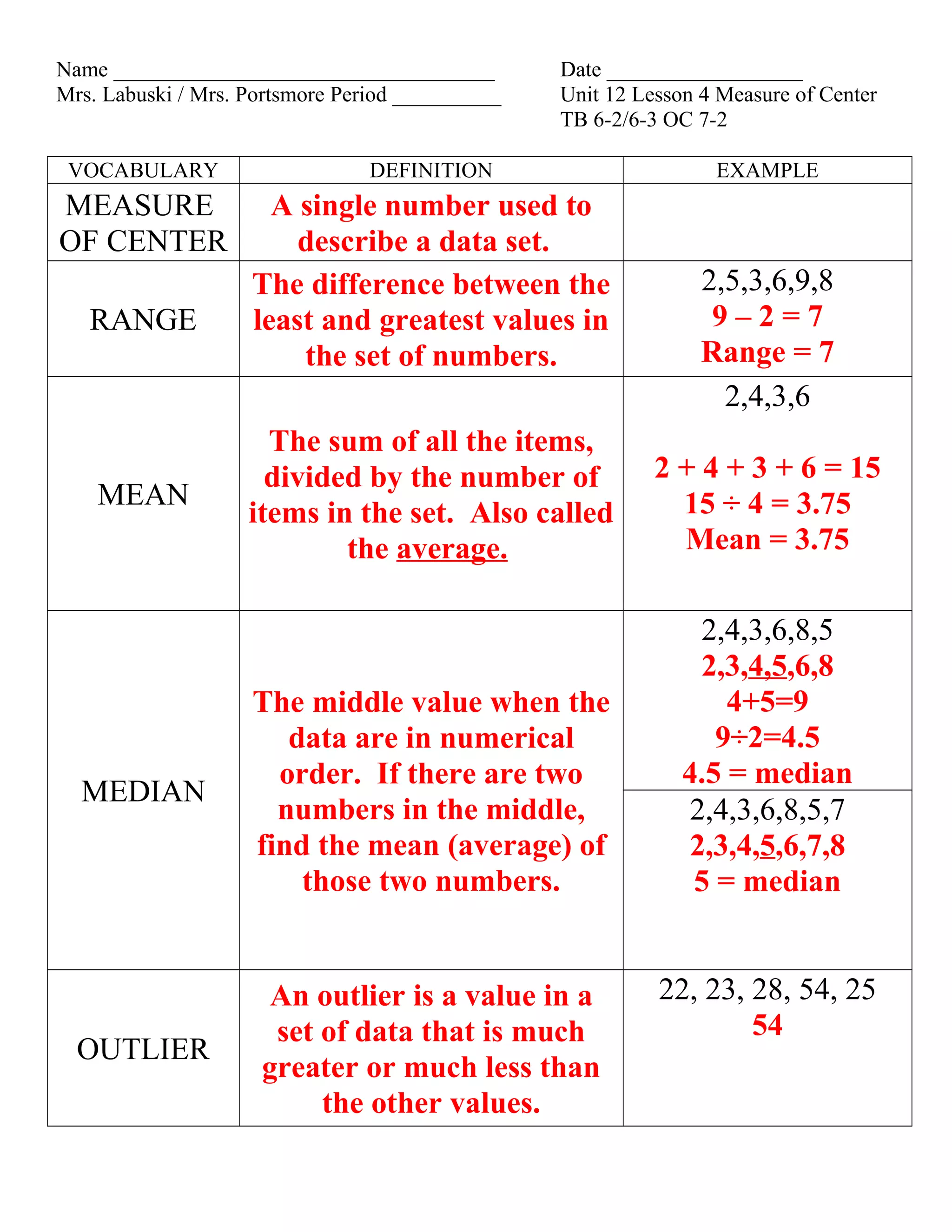 Unit 12 lesson 4 measures of center | DOC