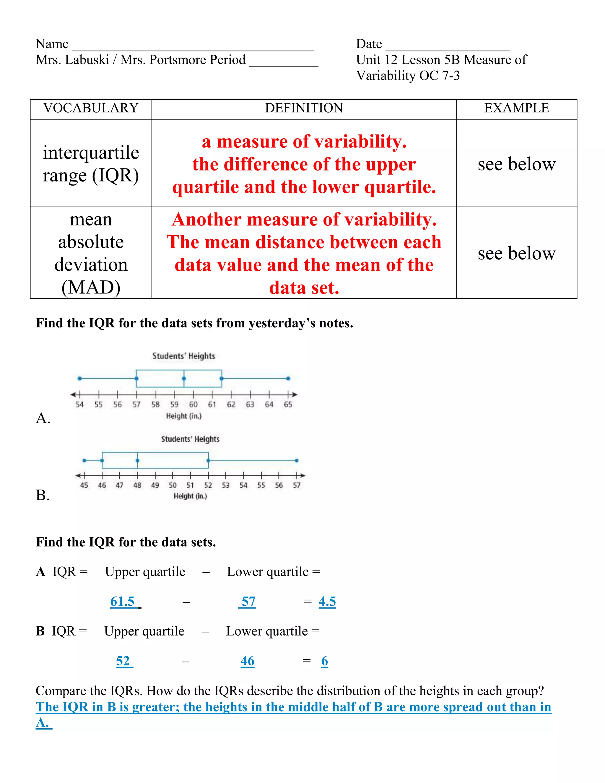 Unit 12 lesson 5 b measures of variability | DOCX