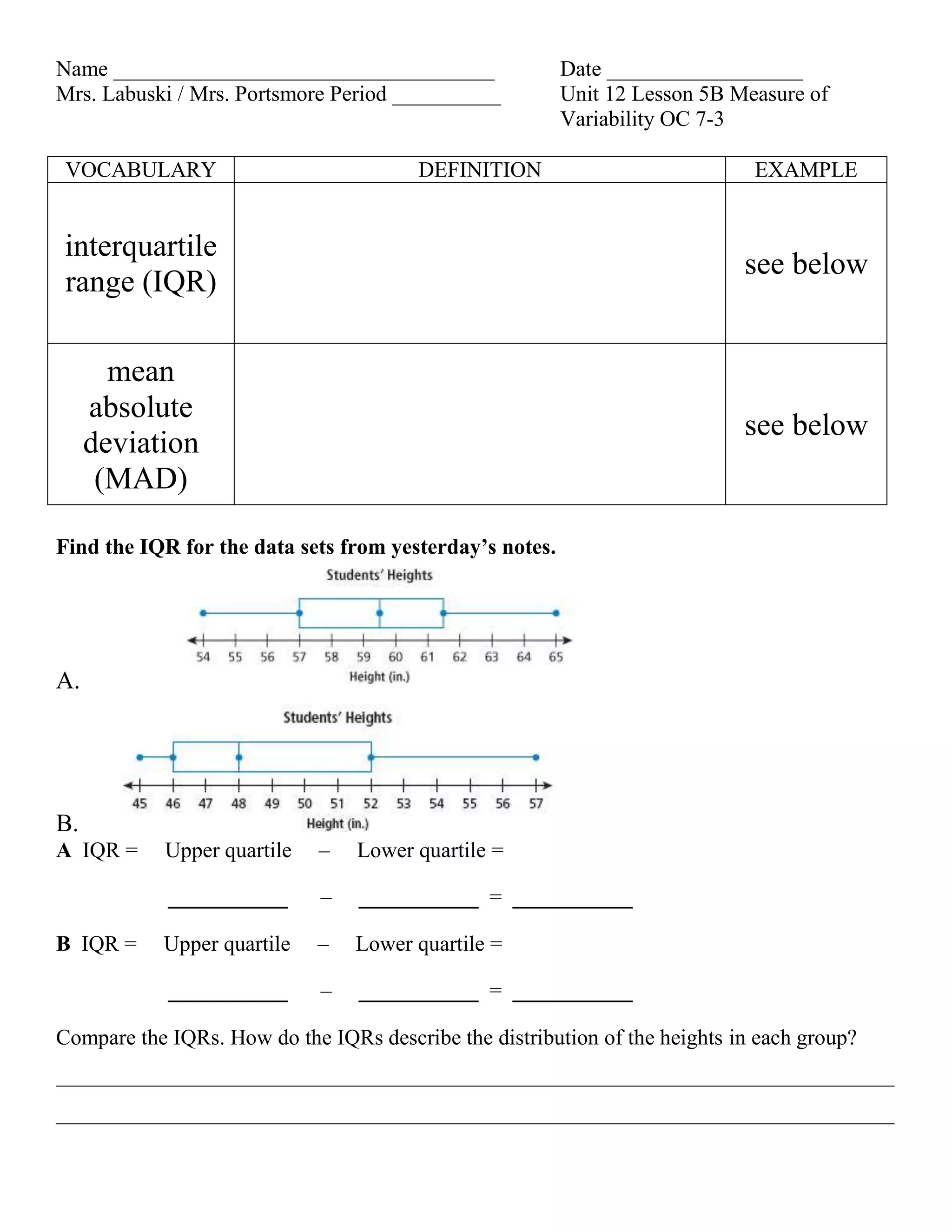 Unit 12 lesson 5 b measures of variability | DOCX