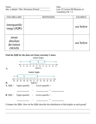 Unit 12 lesson 5 b measures of variability | DOCX