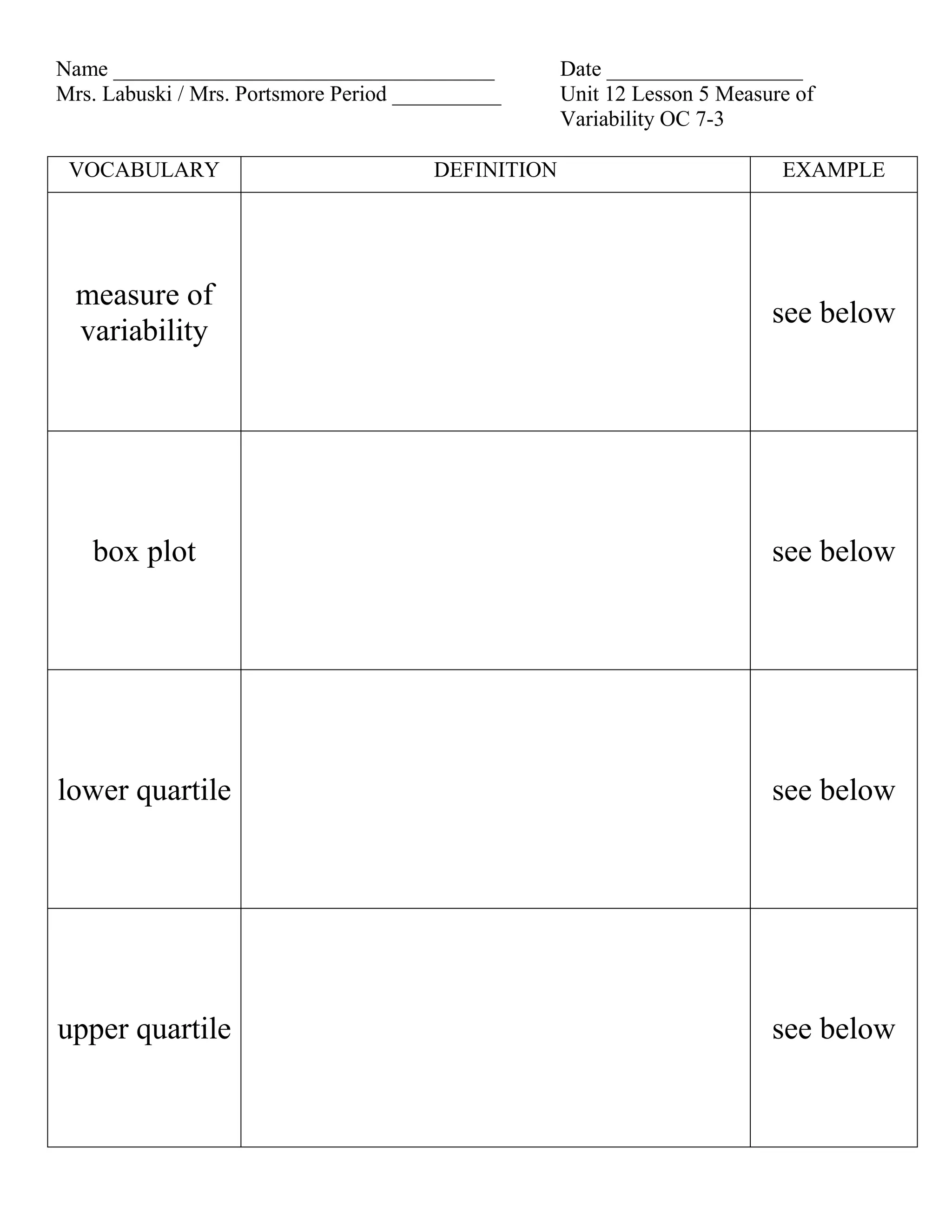 Unit 12 lesson 5 measures of variability | DOCX