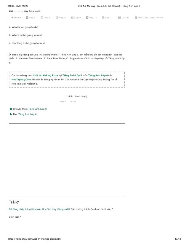 Unit 14: Making Plans - Tiếng Anh Lớp 6 | PDF